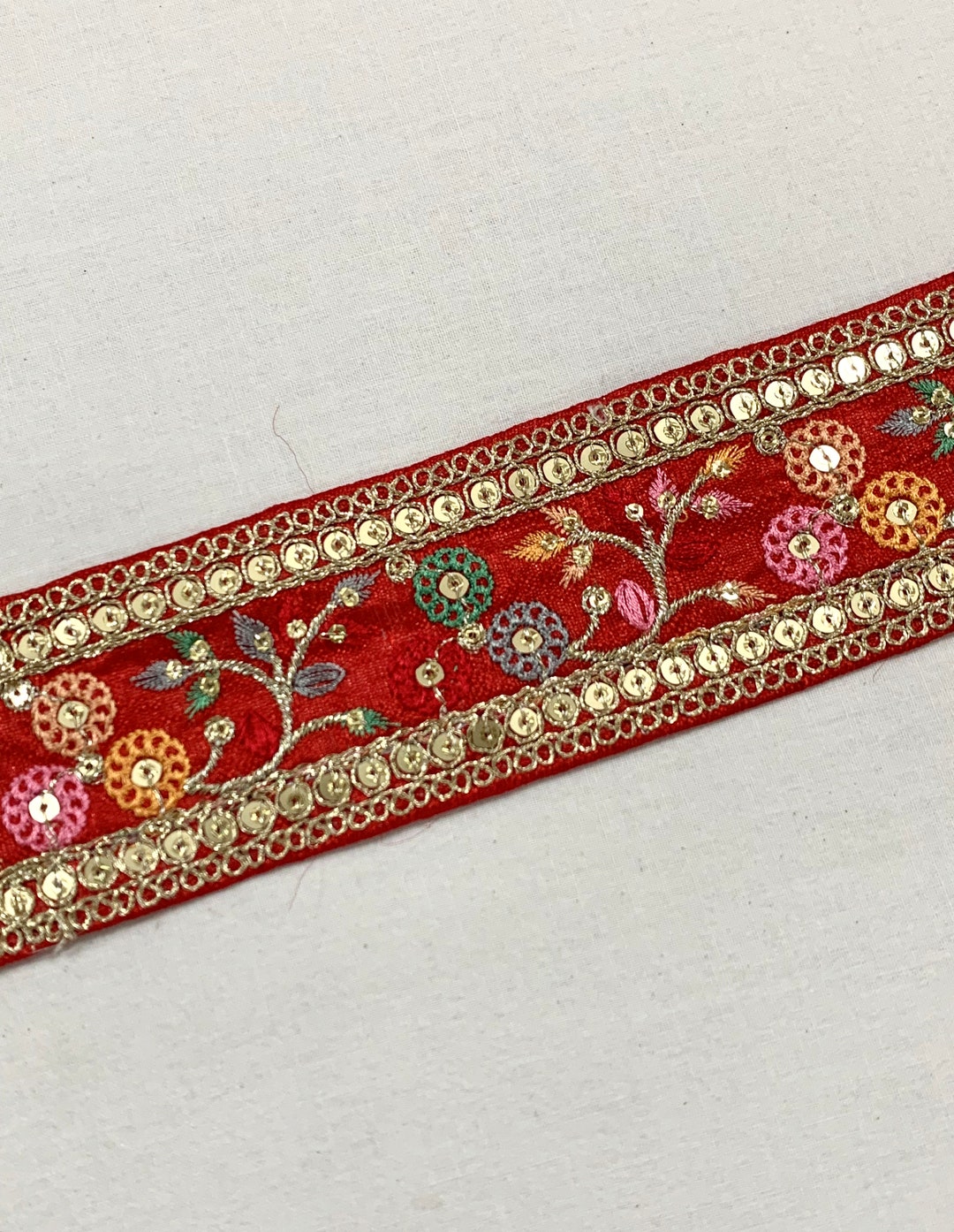 Red Embroidered Trim, Multicolour Trim, Evening Wear Trim, Border Trim ...