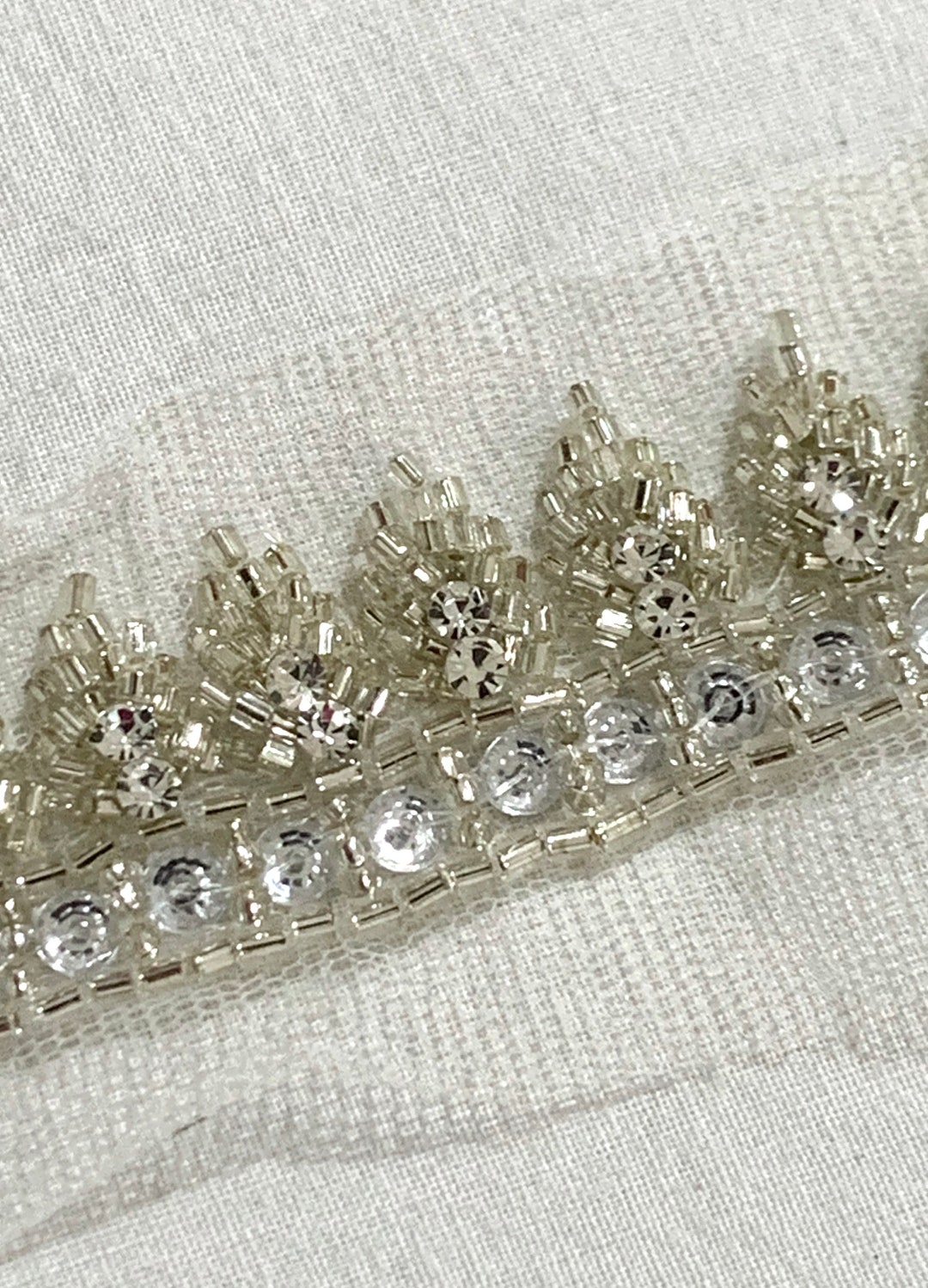 Silver Hand Beaded Trim, Silver Crystal Trim, Edging Trim, Sewing Trim, Hand Made Trim, Bridal ...