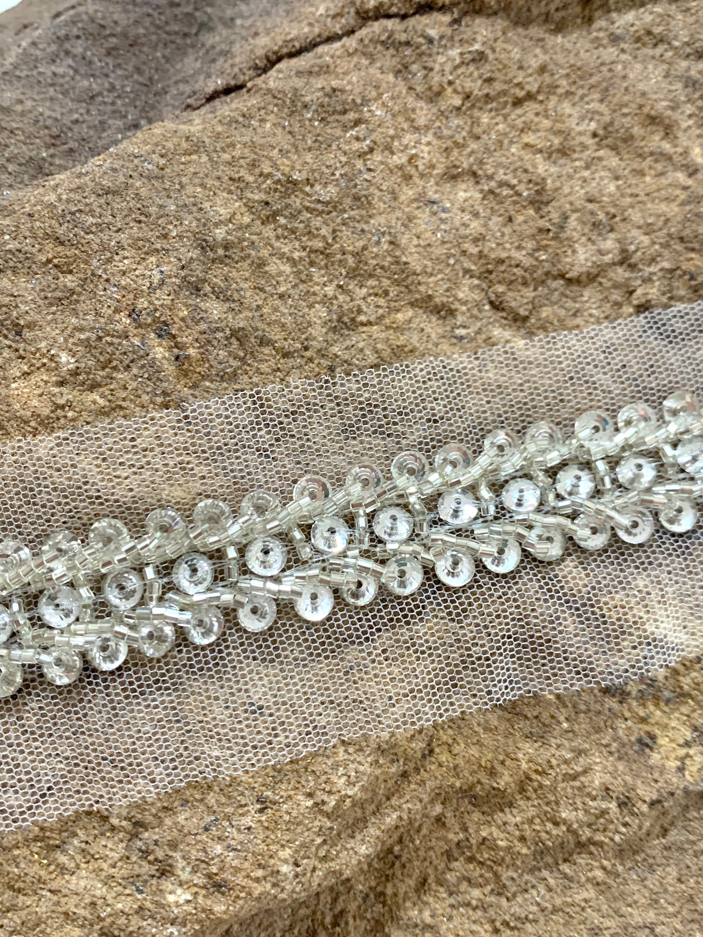 Silver Hand Beaded Net Trim, Fine Crystals Tube Bead Work, Traditional ...