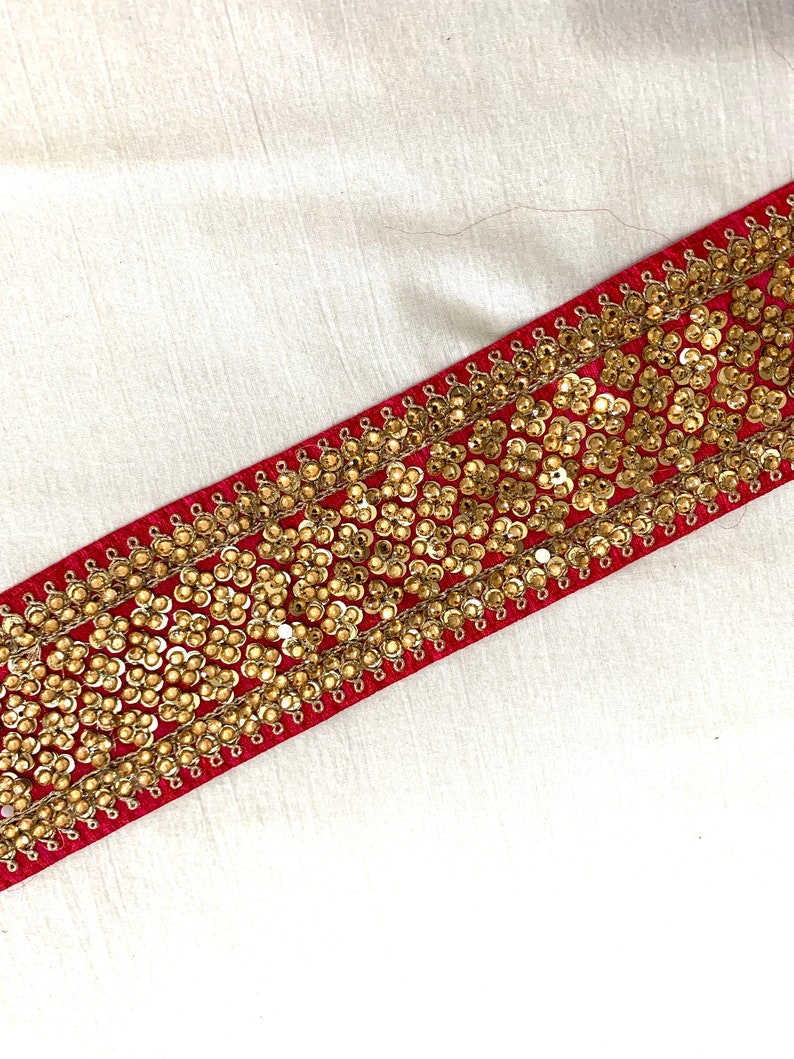 Hot Pink Embroidered Raw Silk Trim, Gold Cord Rhinestone Sequins,indian ...