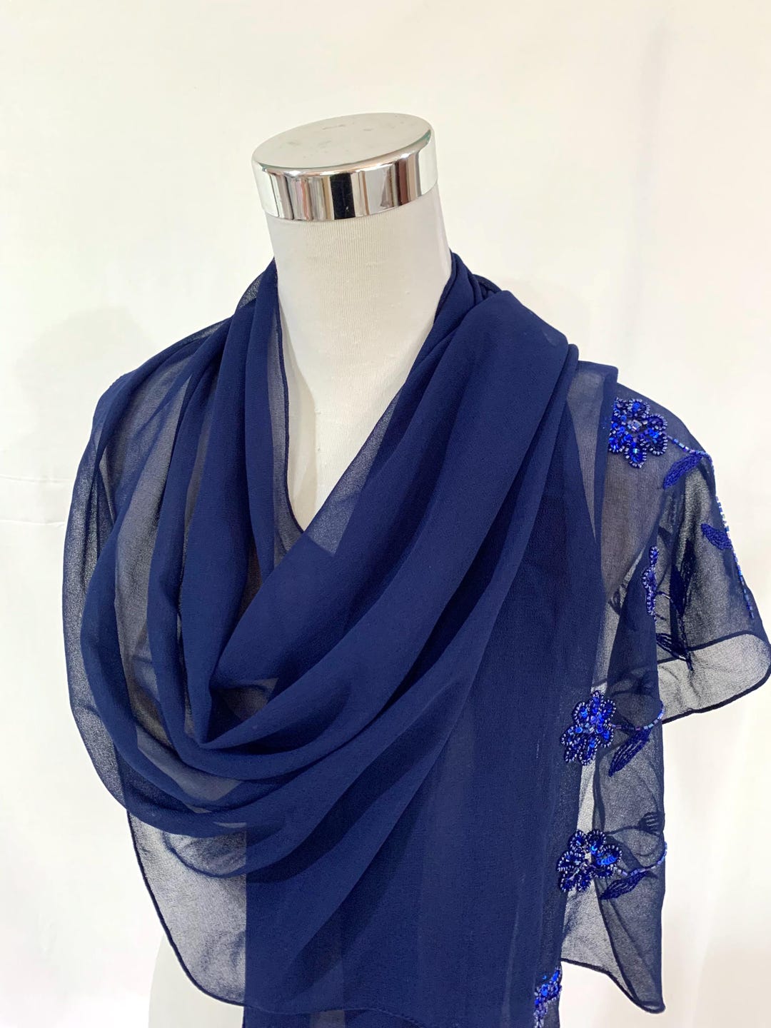 Navy Blue Shawl, Hand Embroidered Shawl, Navy Blue Georgette Shawl ...