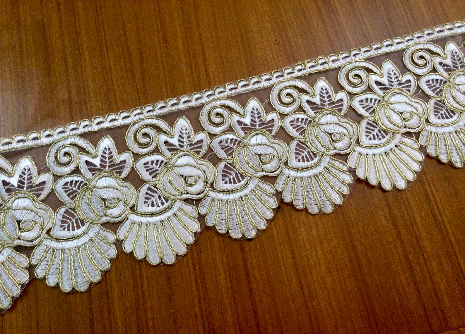 Cream N Gold Trim, Silk Embroidered Trim, Fine Golden Cord Trim, Sheer ...
