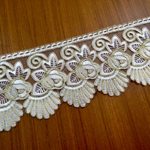 Cream N Gold Trim, Silk Embroidered Trim, Fine Golden Cord Trim, Sheer ...