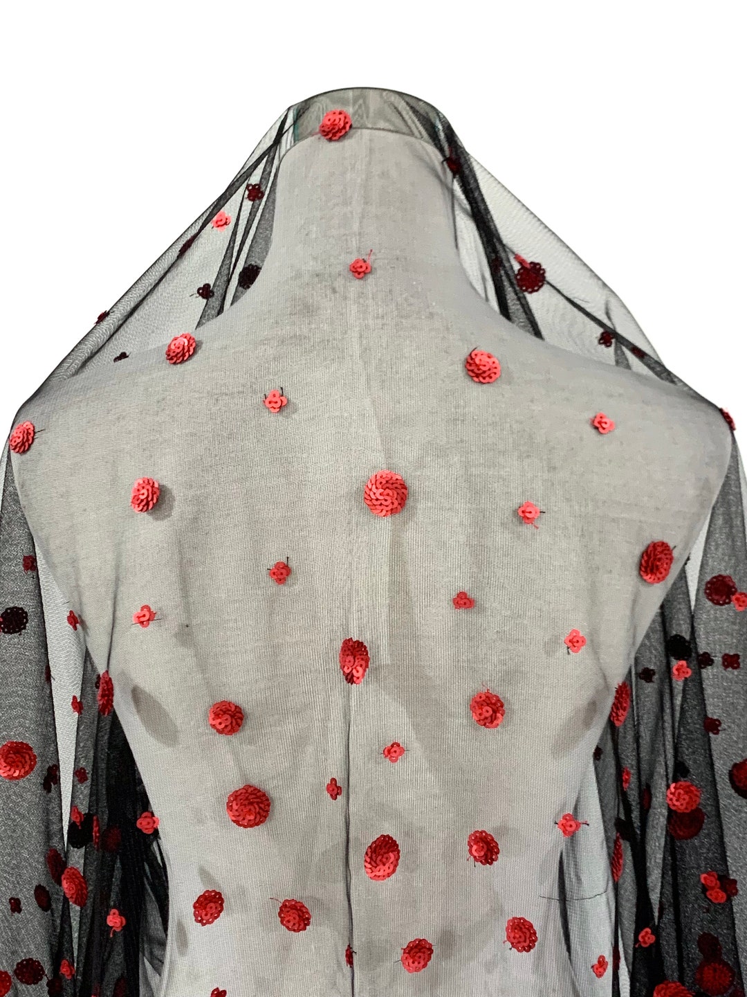 Zwarte Tule stof, zwarte en rode stof, formele slijtage stof, Polka Dot ...