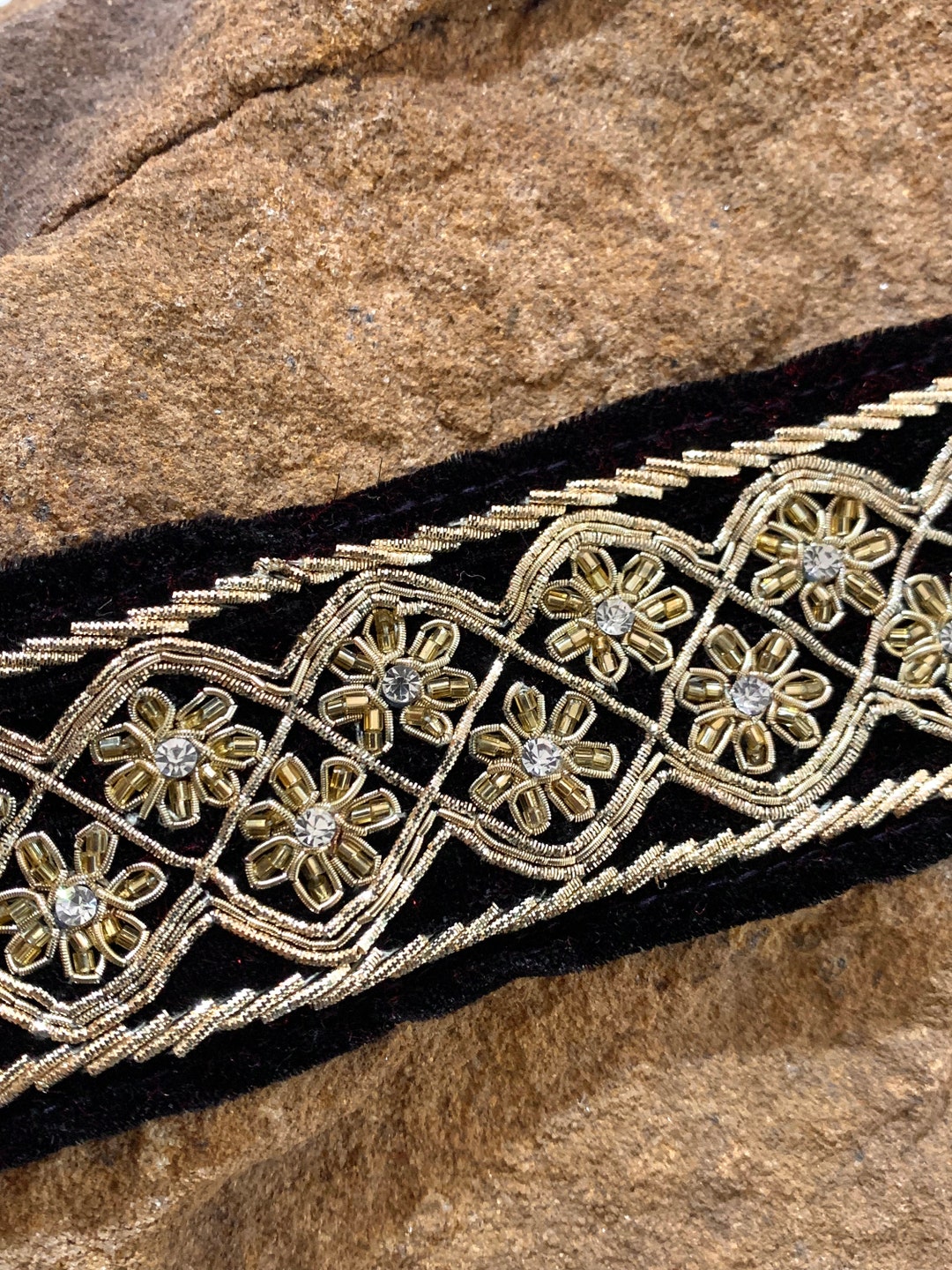 Black N Light Gold Trim, Black Luxurious Velvet Trim, Light Gold Hand ...