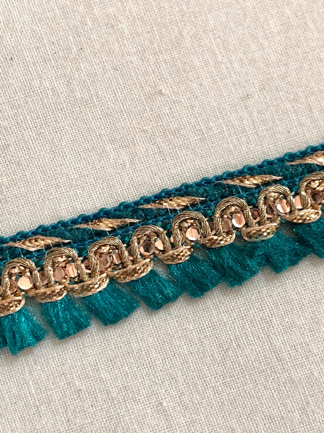 3 Yards of Teal Blue Trim, Fringed Trim, Teal N Gold Trim, Edging Trim ...