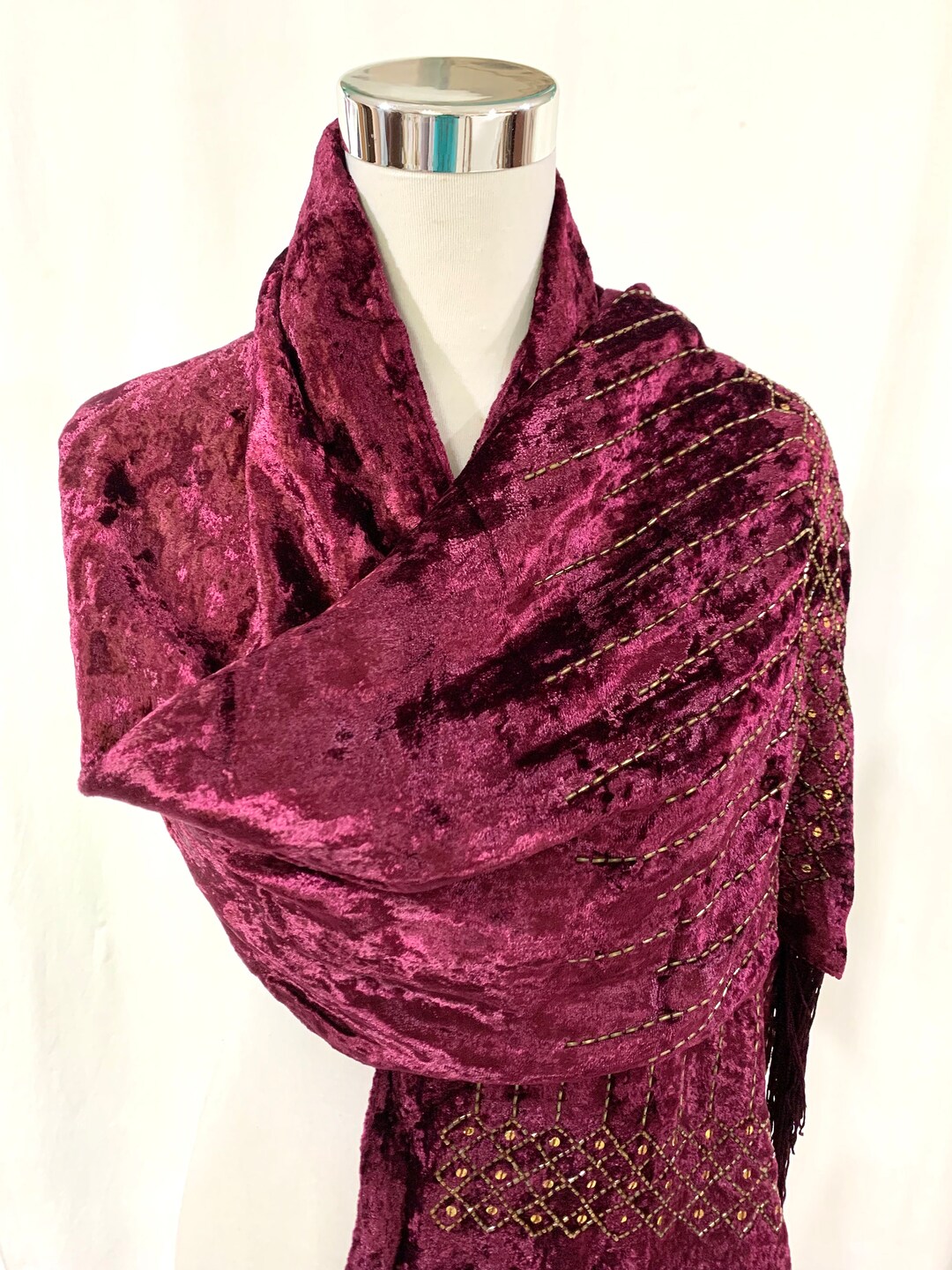 Maroon Luxurious Velvet Shawl, Hand Embroidered With Gold Beads, Formal ...