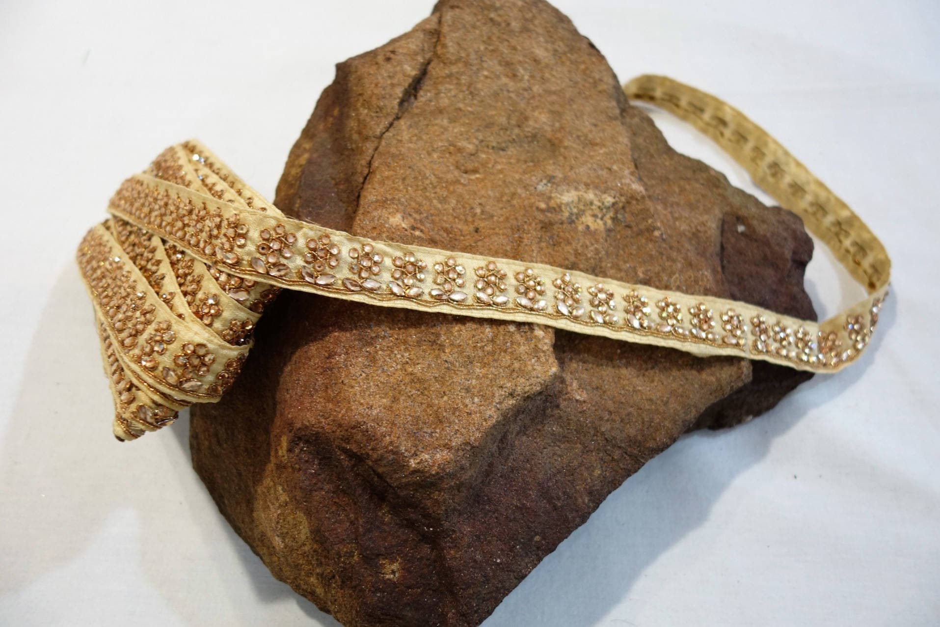 Golden Rhinestones Trim, Crystals Trim, Golden Floral Embroidered Trim ...