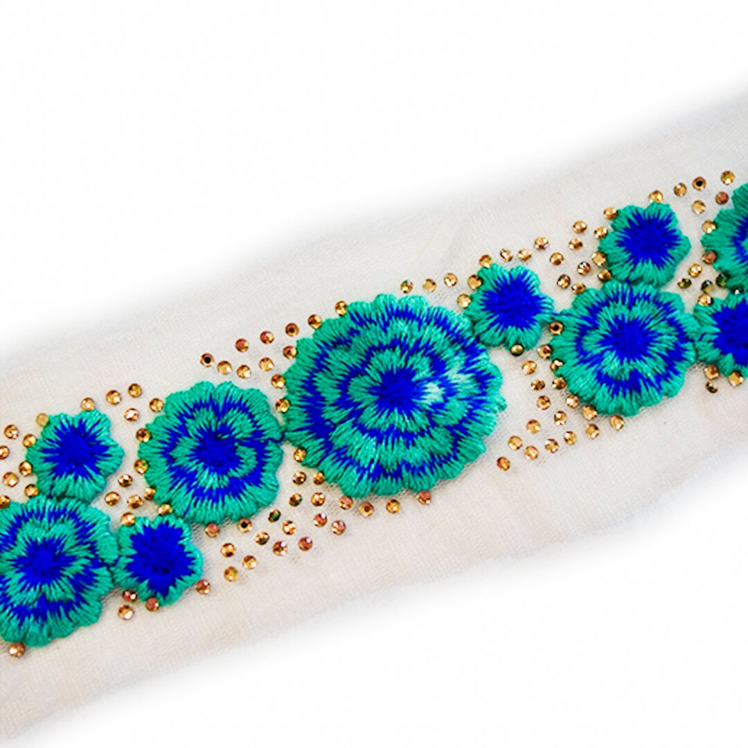 Blue N Gold Trim, Hand Embroidered Trim, Golden Crystal Trim, Tulle ...