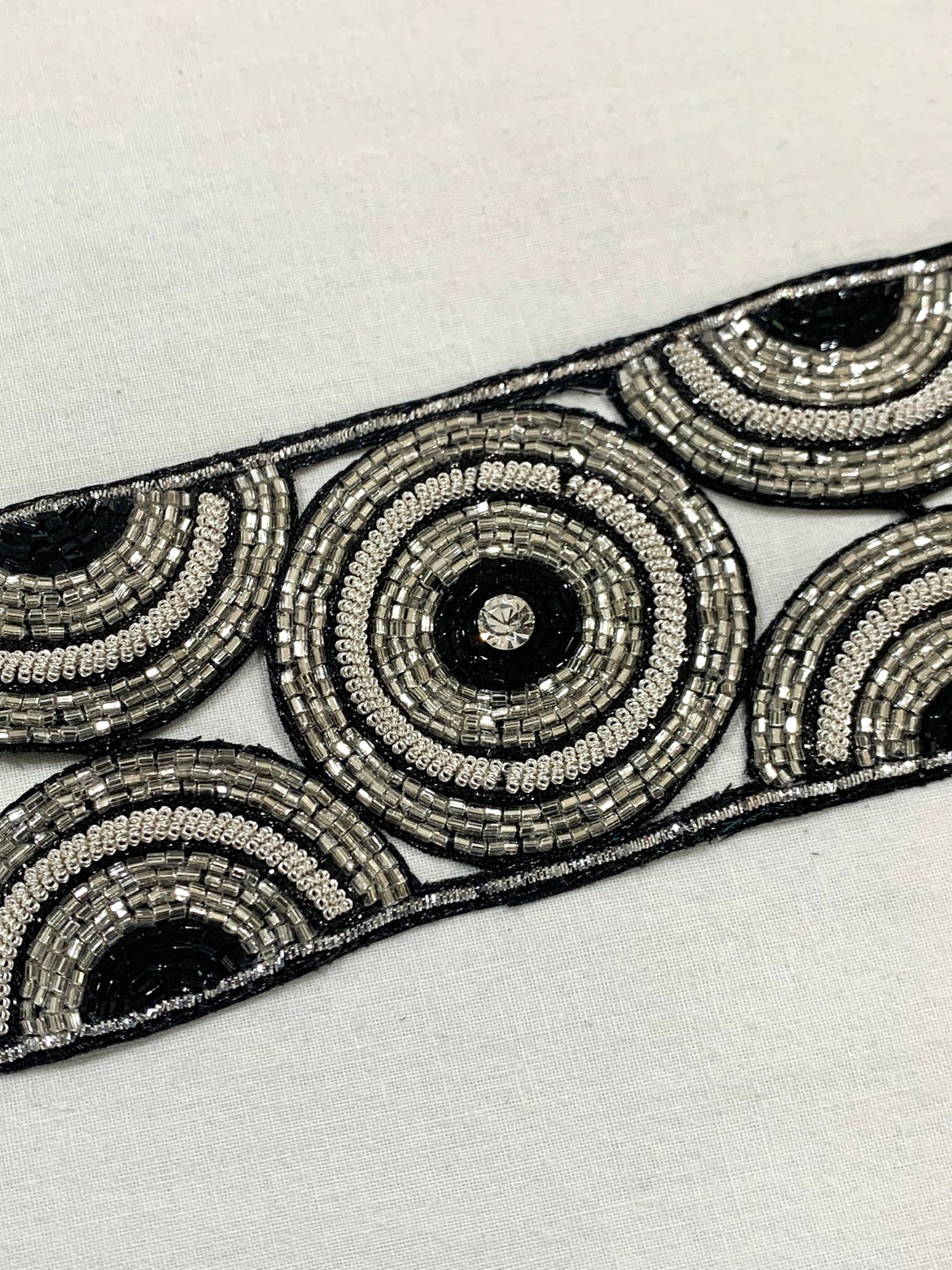 1.75 Yards of Black and Silver Trim, Hand Beaded Trim, Formal Wear Trim ...