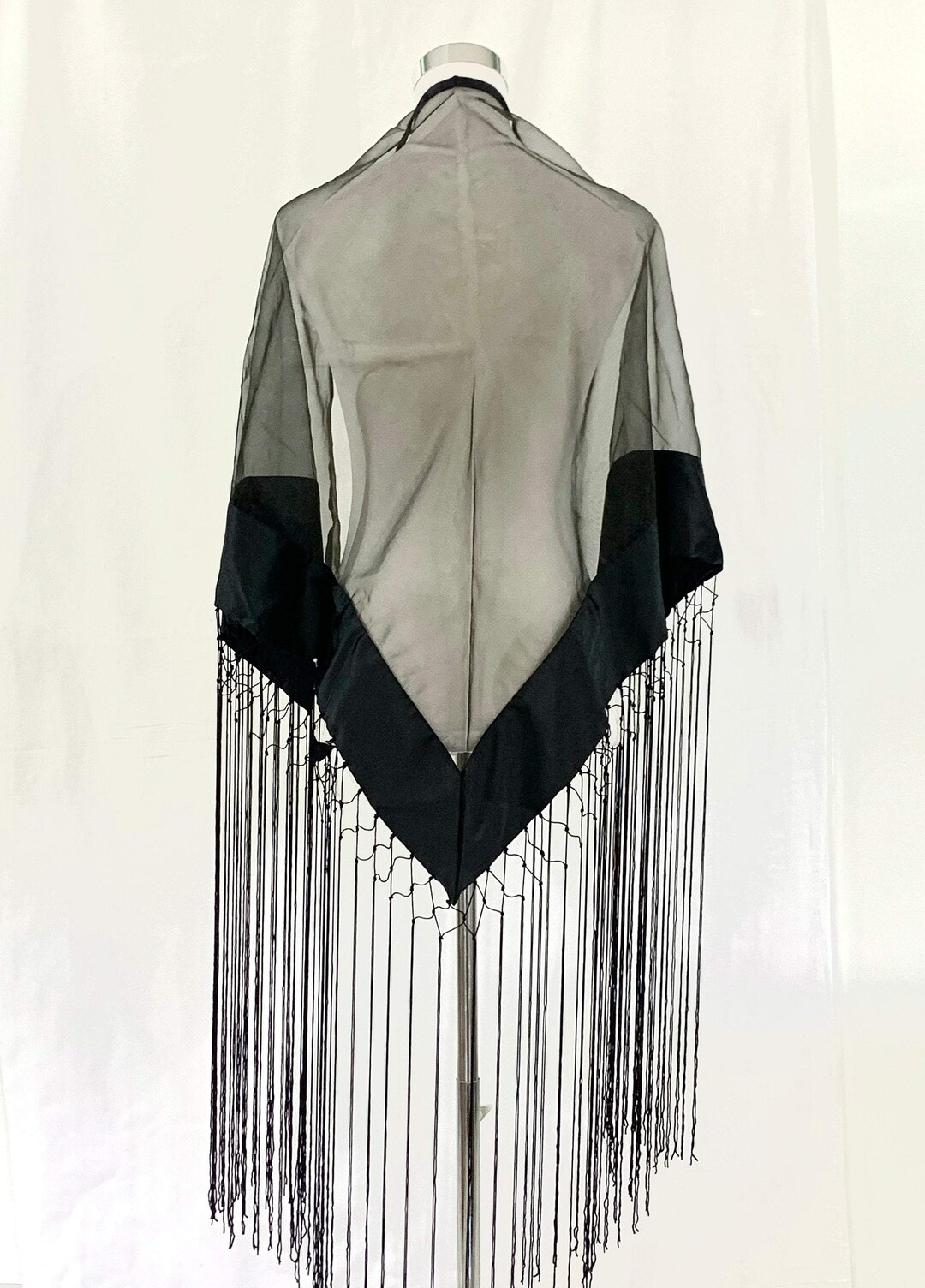 Black Triangular Shawl, Black Organza Shawl , Long Fringed Shawl, Satin ...