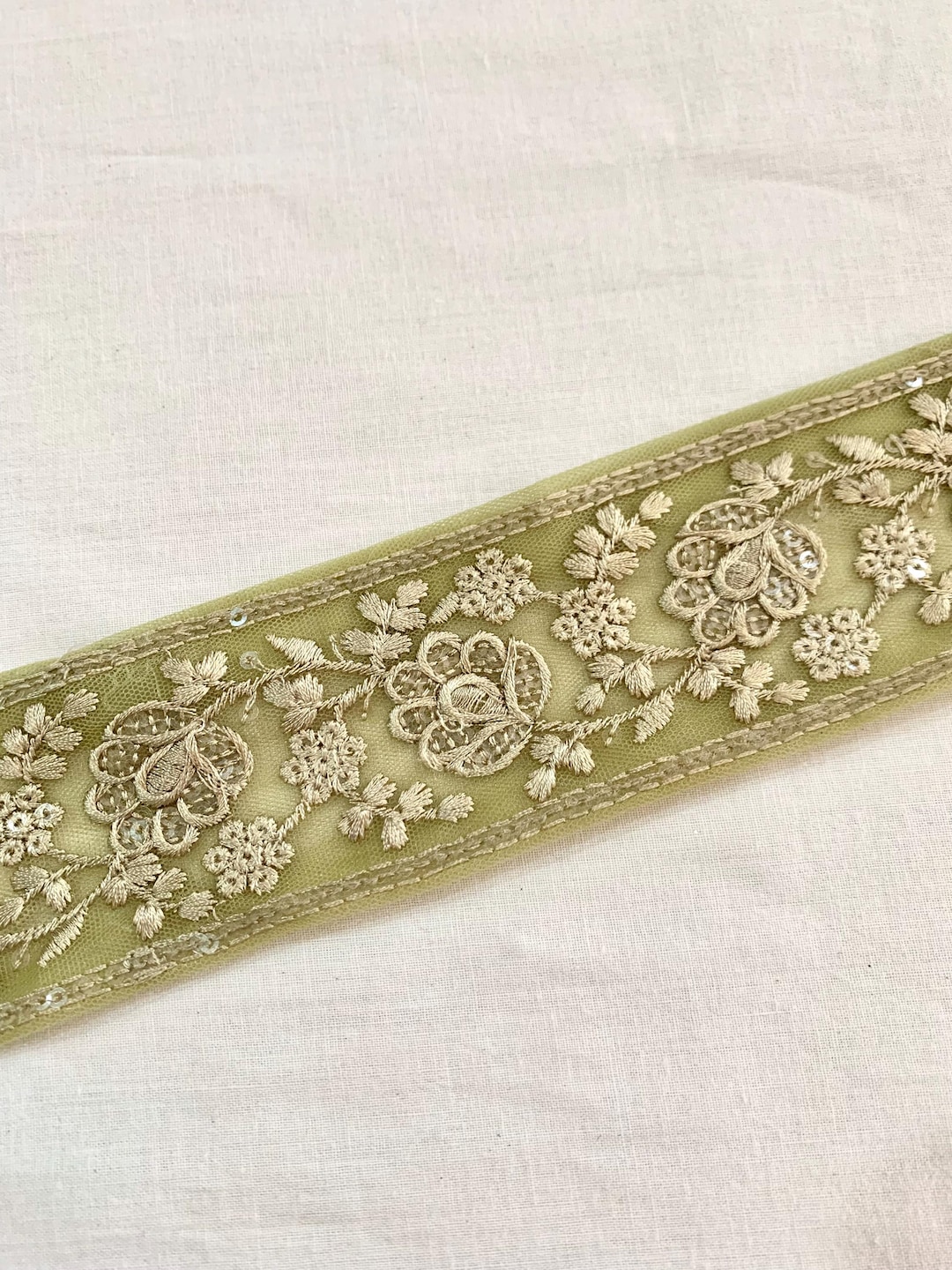 Olive Green Trim, Green Embroidered Trim, Luxurious Tulle Border Trim ...