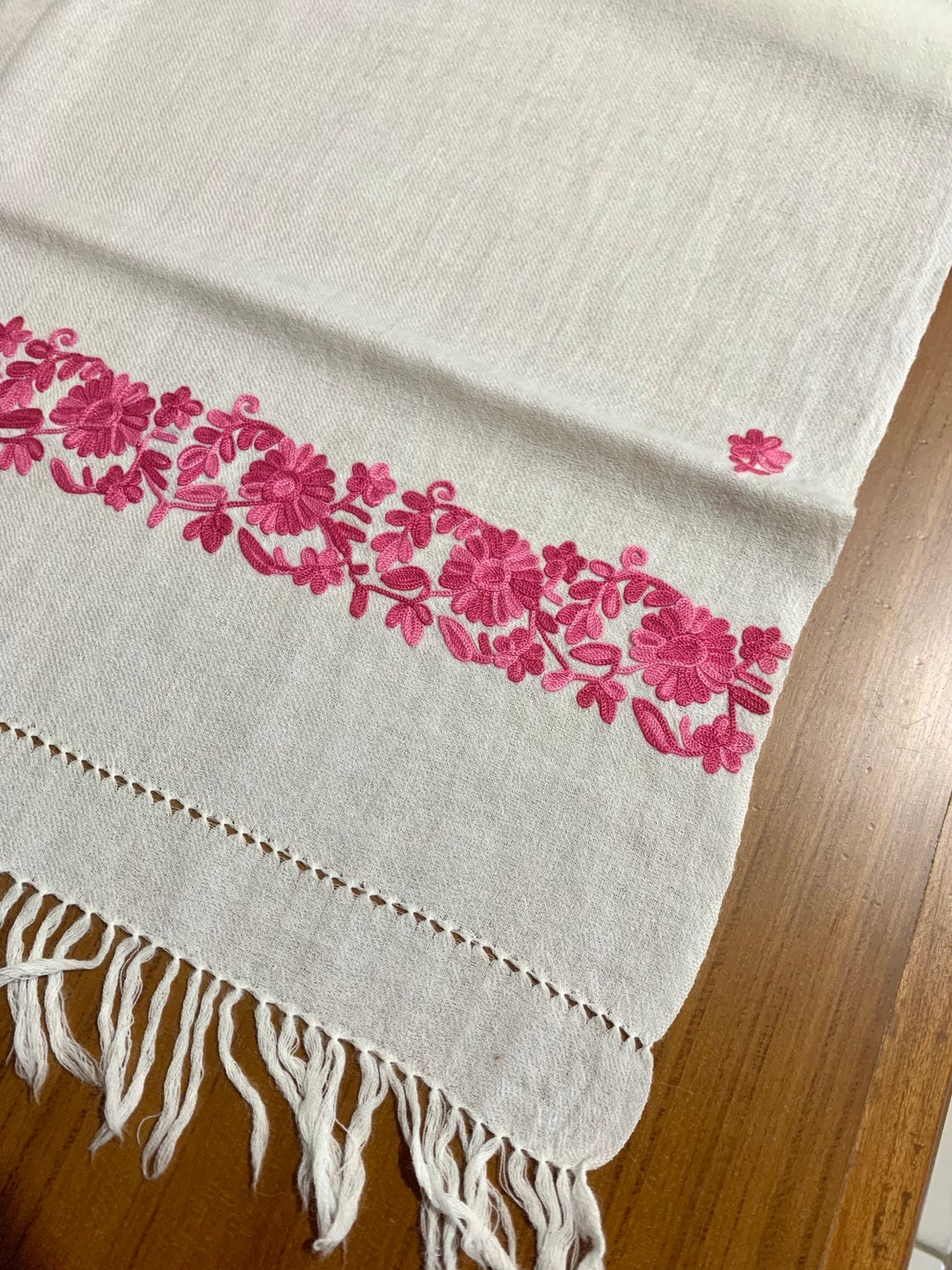 White N Pink Woollen Shawl, Hand Embroidered Wool Shawl, Women Fashion ...