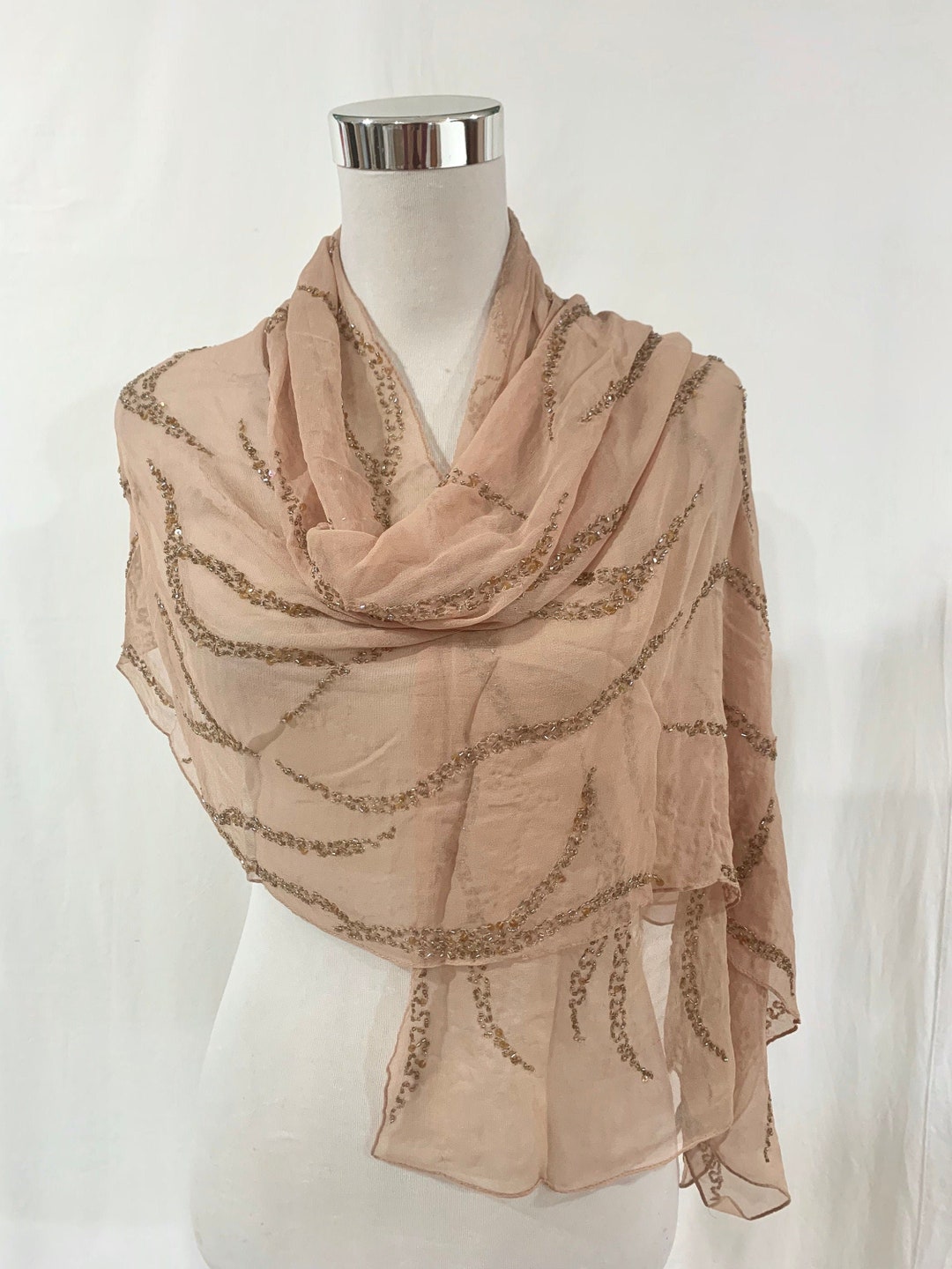 Brown Silk Shawl, Hand Embroidered Silk Shawl, Brown Pure Silk Chiffon ...