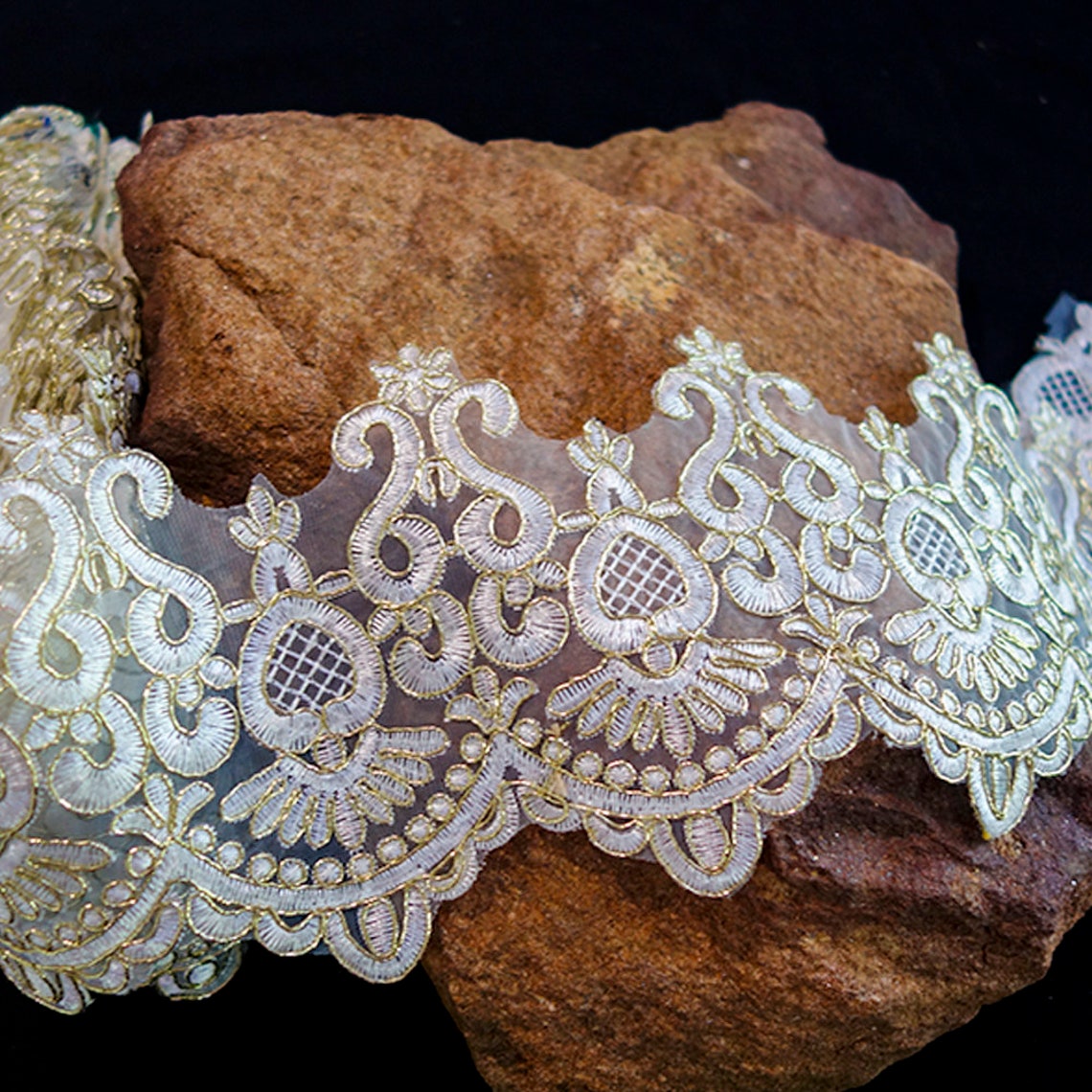White Sheer Cut Work Trim With Cream and Gold Embroidery - Etsy Australia