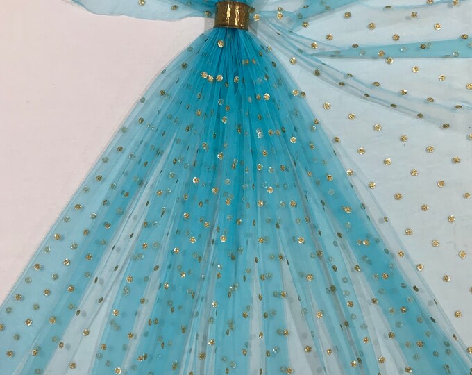 Aqua Blue N Gold Tulle Fabric, Polka Dot Formal Wear Tulle Fabric ...