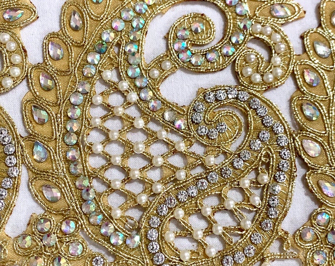 Wide Golden Trim, Bridal Golden Trim, Trim With Crystals & Pearls ...