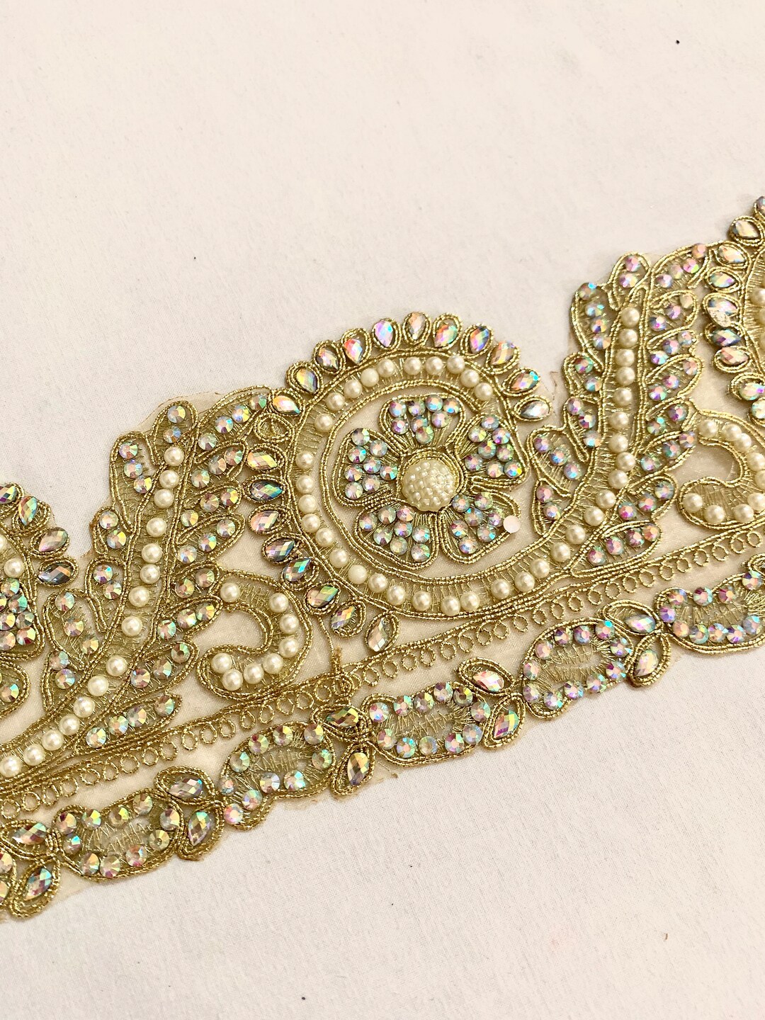 Embellished Golden Trim, Rainbow Crystals Trim, Gold Embroidered Trim ...