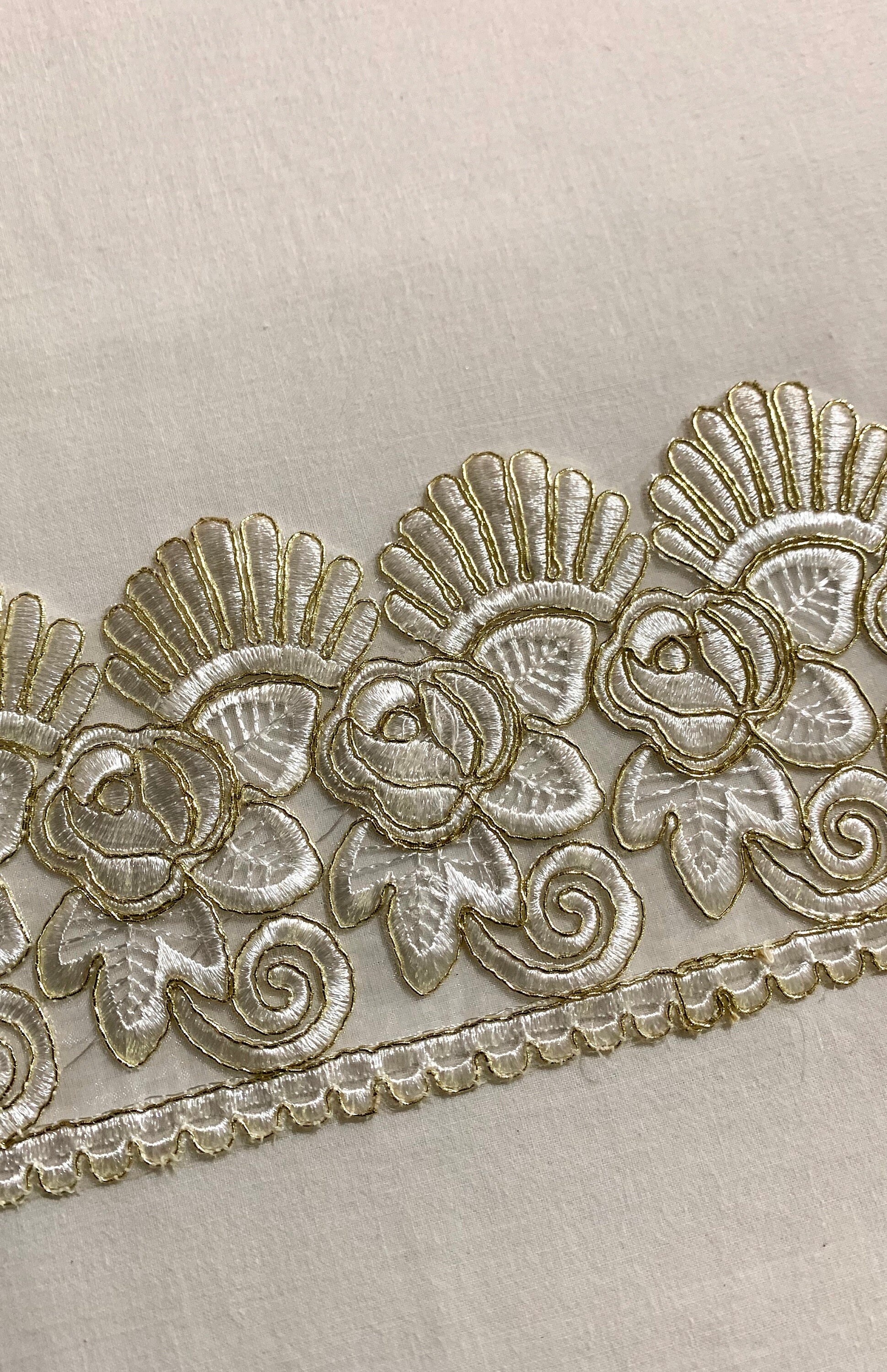 Cream N Gold Trim, Silk Embroidered Trim, Fine Golden Cord Trim, Sheer ...