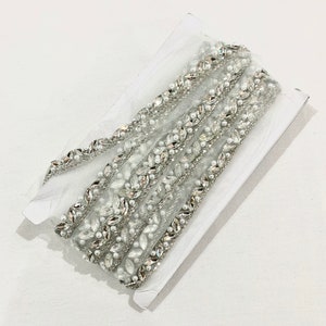 Silver Bridal Trim, Silver Crystal Trim, Silver Hand Beaded Trim, Trim for Bridal Belt, Hand ...