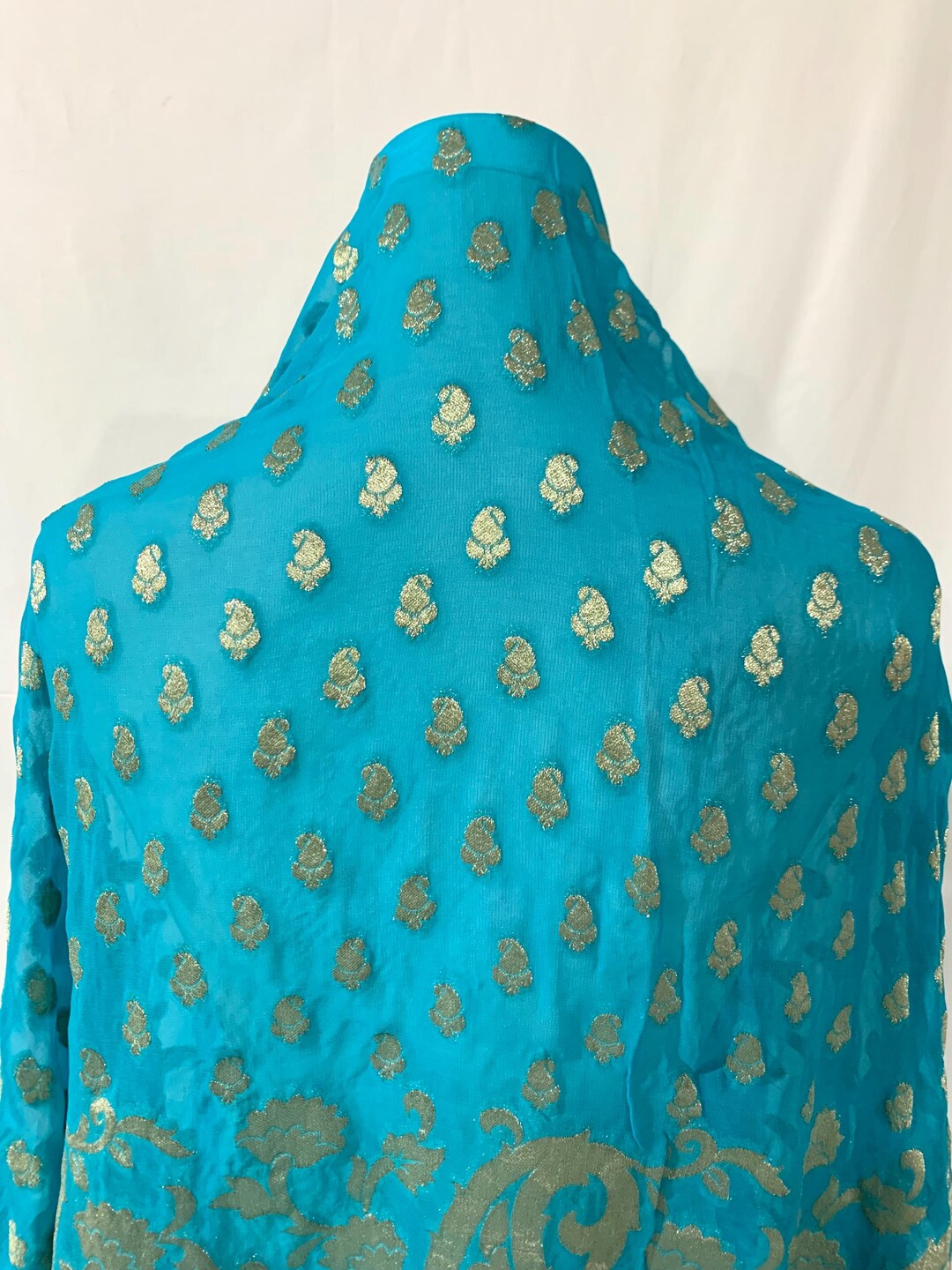 Extra Wide Blue Fabric, Aqua Blue N Gold Brocade Fabric, Soft Georgette ...