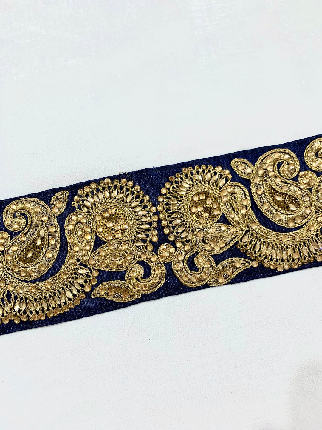 Navy Blue N Gold Trim, Navy Blue Hand Embroidered Trim, Gold ...