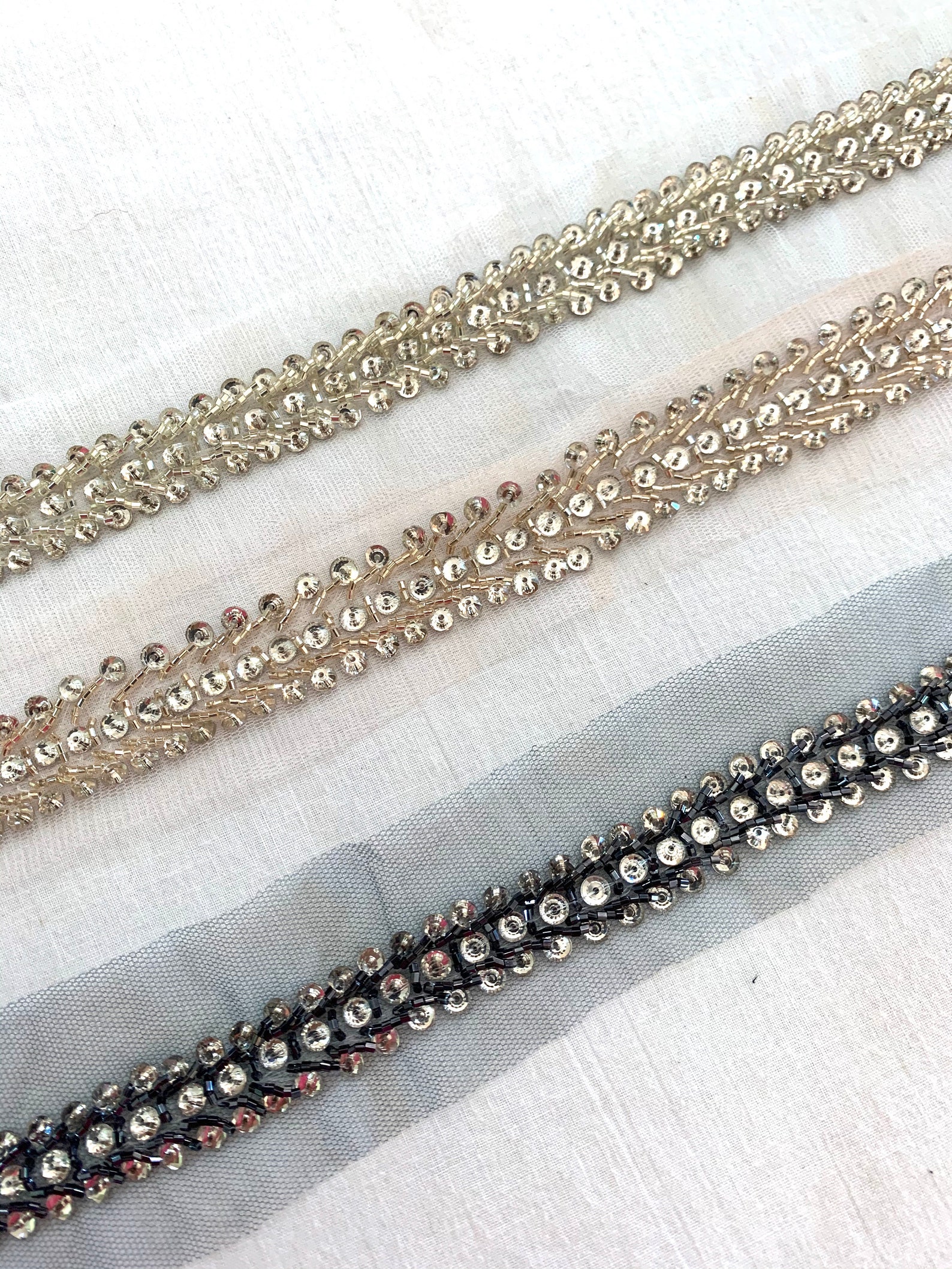 Silver Hand Beaded Net Trim, Fine Crystals Tube Bead Work, Traditional ...