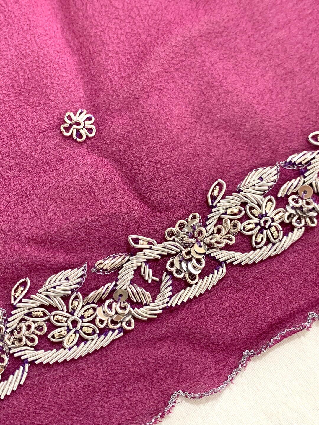 Magenta Silk Georgette Sari, Hand Beaded Silver Zardosi Work Sari ...