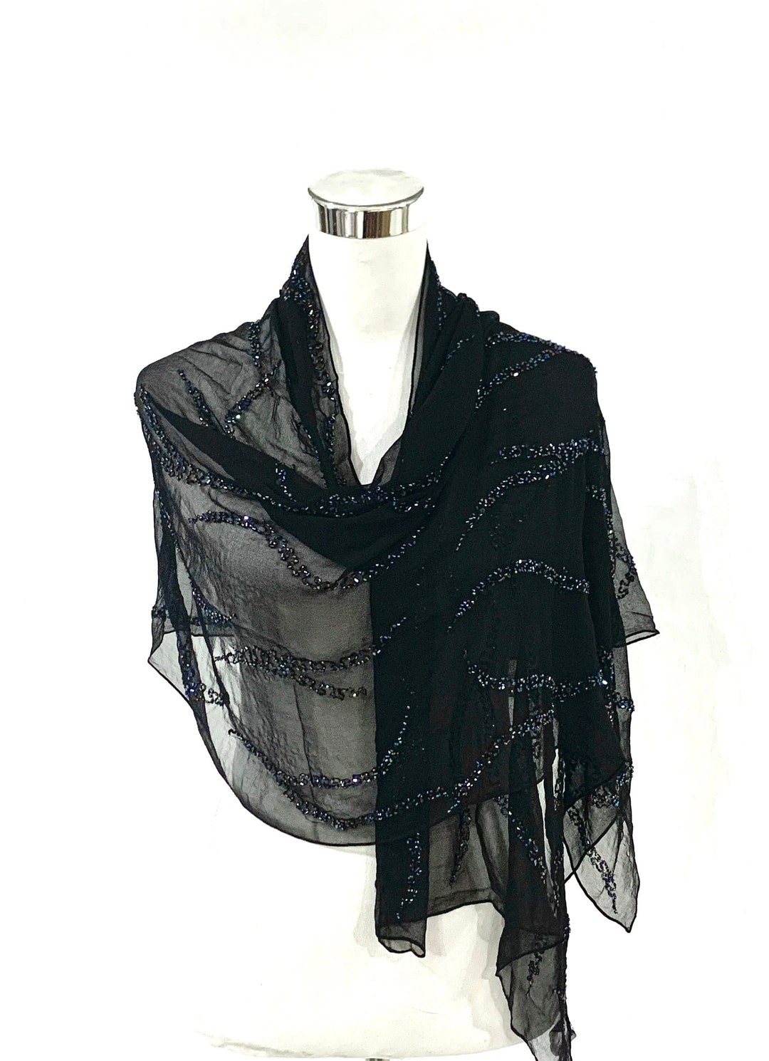 Black Formal Shawl, Black Silk Chiffon Shawl, Hand Embroidered Shawl ...