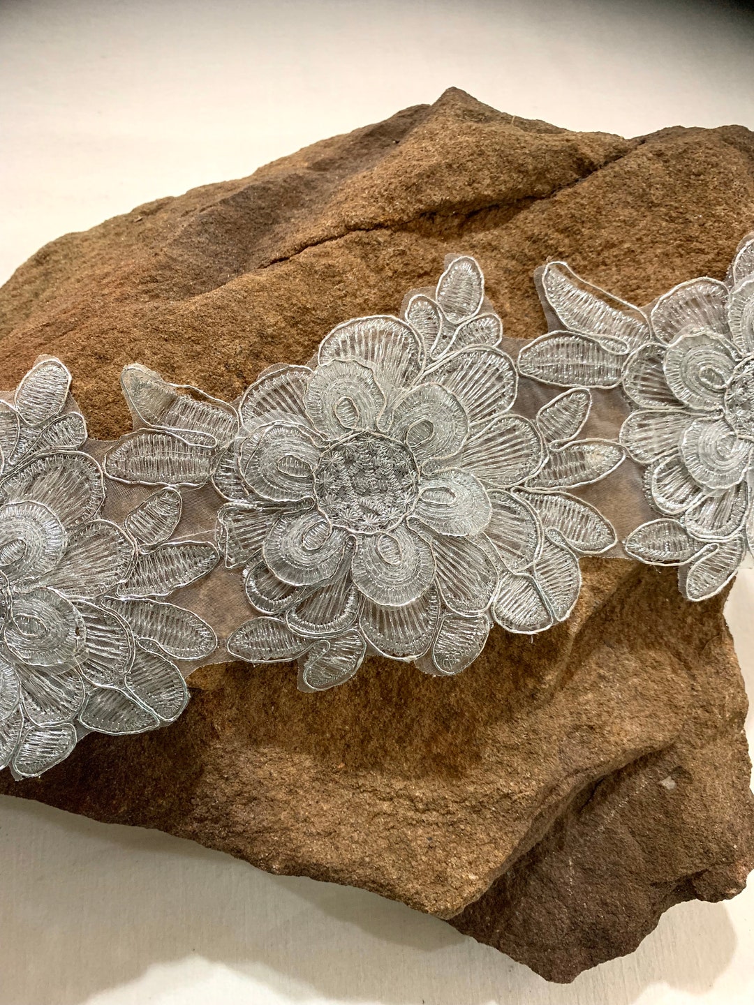 Silver Embroidered Trim - Bridal Applique - Large Flower Trim - Silver ...