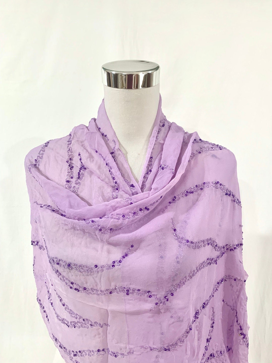 Purple Formal Shawl, Hand Embroidered Silk Shawl, Pure Silk Chiffon ...