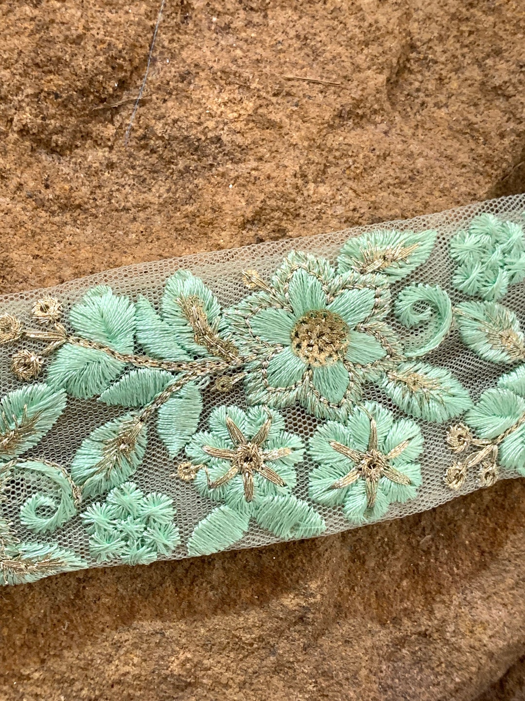 Soft Green Floral Trim, Soft Jade Green Embroidered Trim, Green N Gold ...