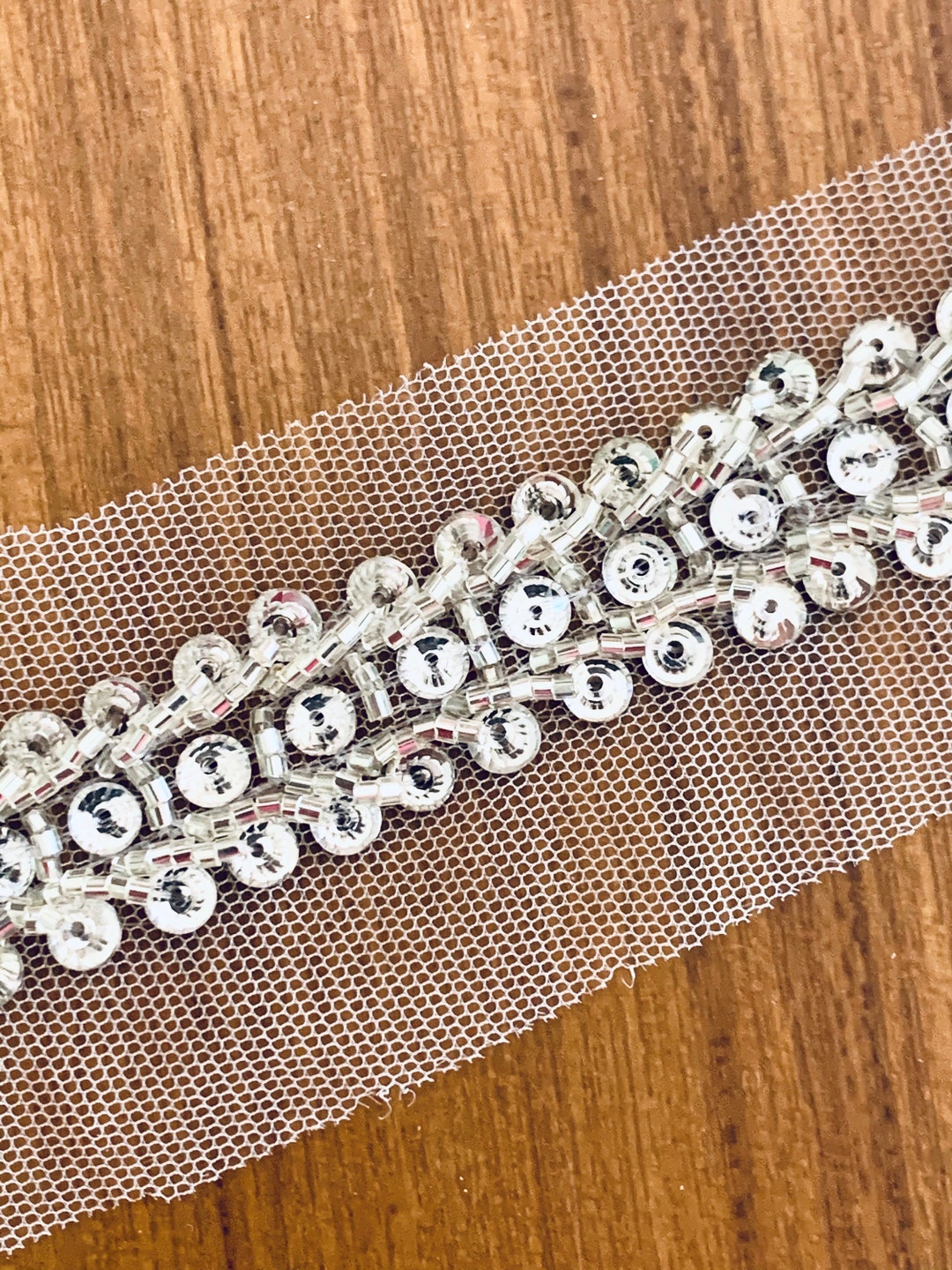 Silver Hand Beaded Net Trim, Fine Crystals Tube Bead Work, Traditional ...