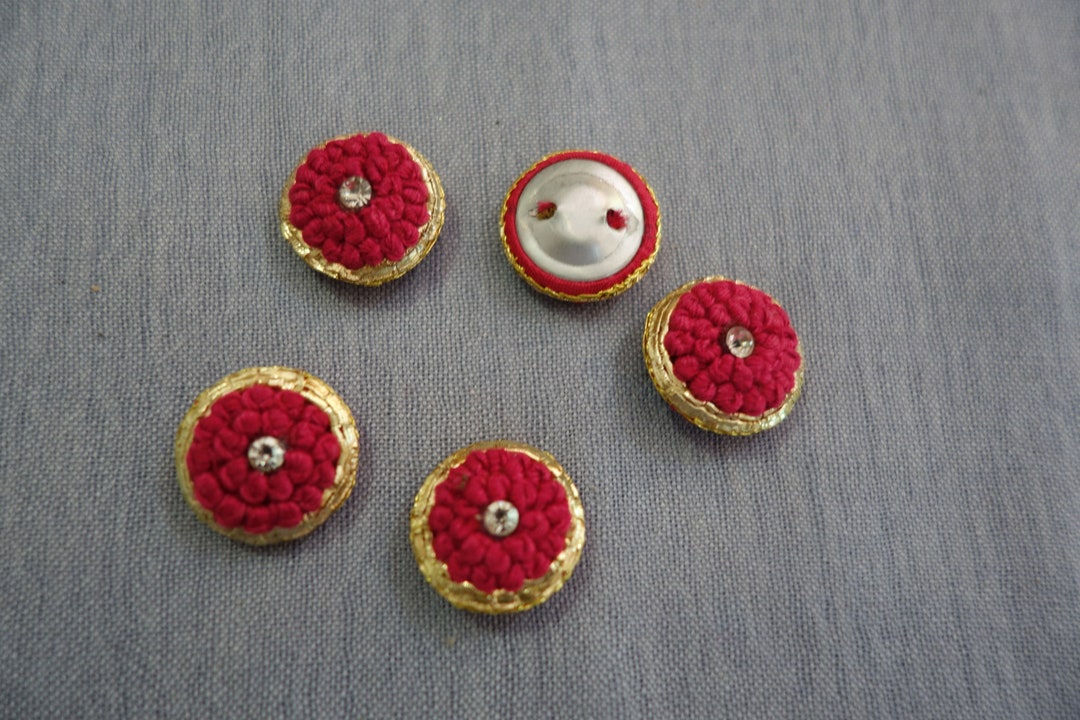 Hand Embroidered Button - Button With Crystal - Hot Pink Gold Buttons ...