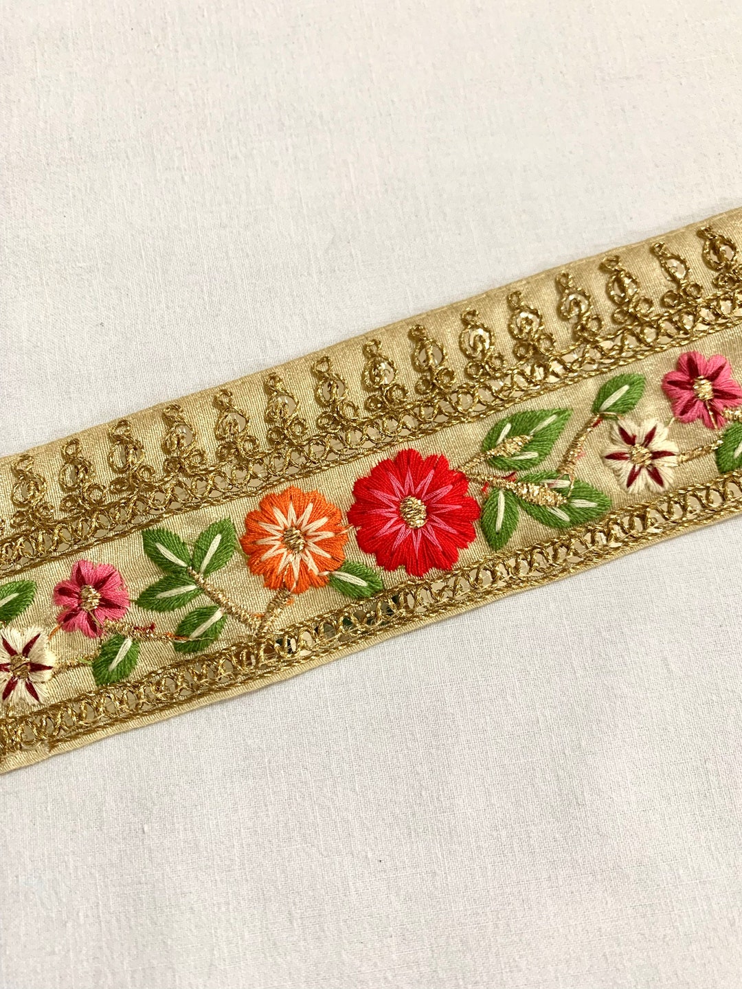 Golden Silk Trim, Flowers Trim, Silk Wedding Trim, Hand Embroidered ...