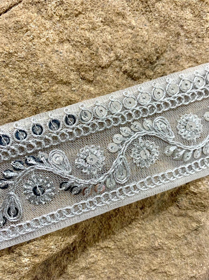Silver Embroidered Trim, Silver Tulle Base Trim, Silver Border Trim ...