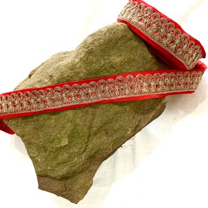 Red N Gold Silk Trim, Red Hand Embroidered Trim, Gold Zardosi Thread ...
