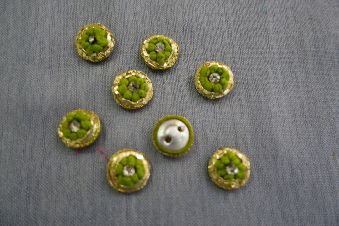 Crystal Buttons - Hand Embroidered Button - Light Green Gold Buttons ...