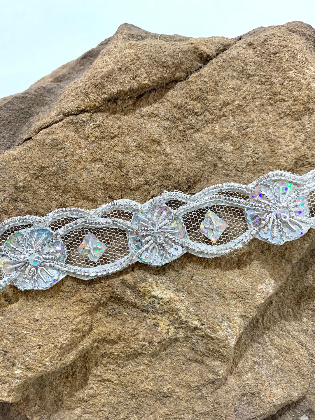 Silver Bridal Trim- Bridal Applique - Hand Beaded Trim - Tulle Trim- Cut Work Trim- Silver ...