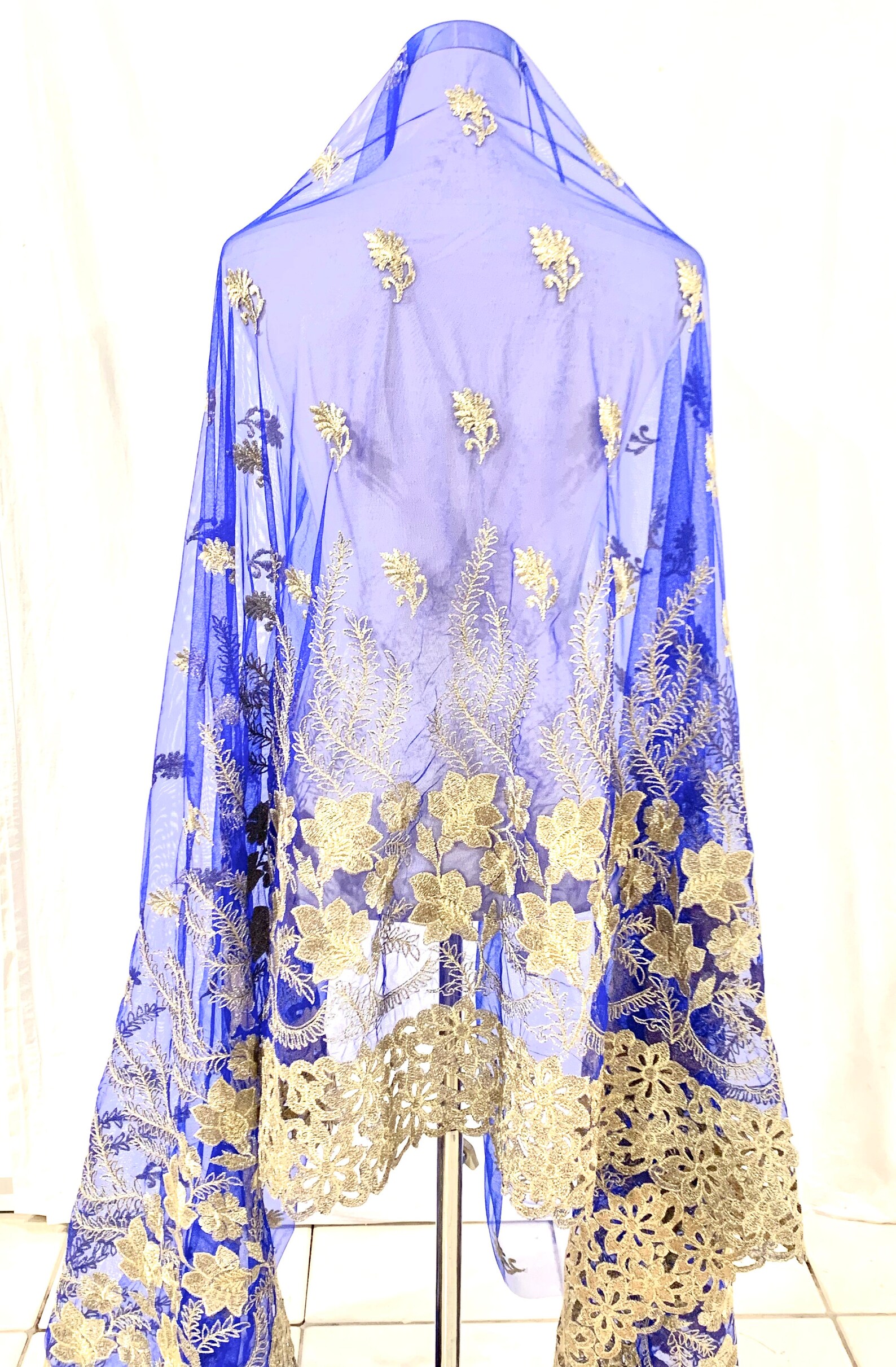 Blue Tulle Fabric, Royal Blue N Gold Fabric, Floral Formal Wear Fabric ...