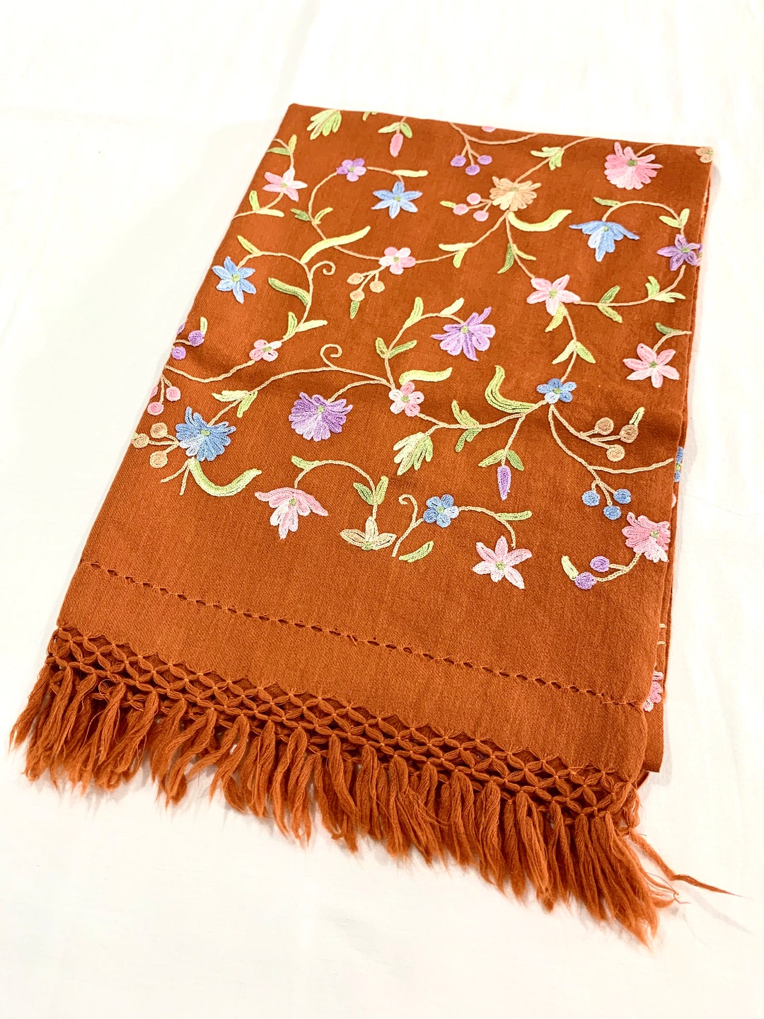 Rust Colour Shawl, Pure Wool Shawl, Floral Hand Embroidered Shawl, All ...