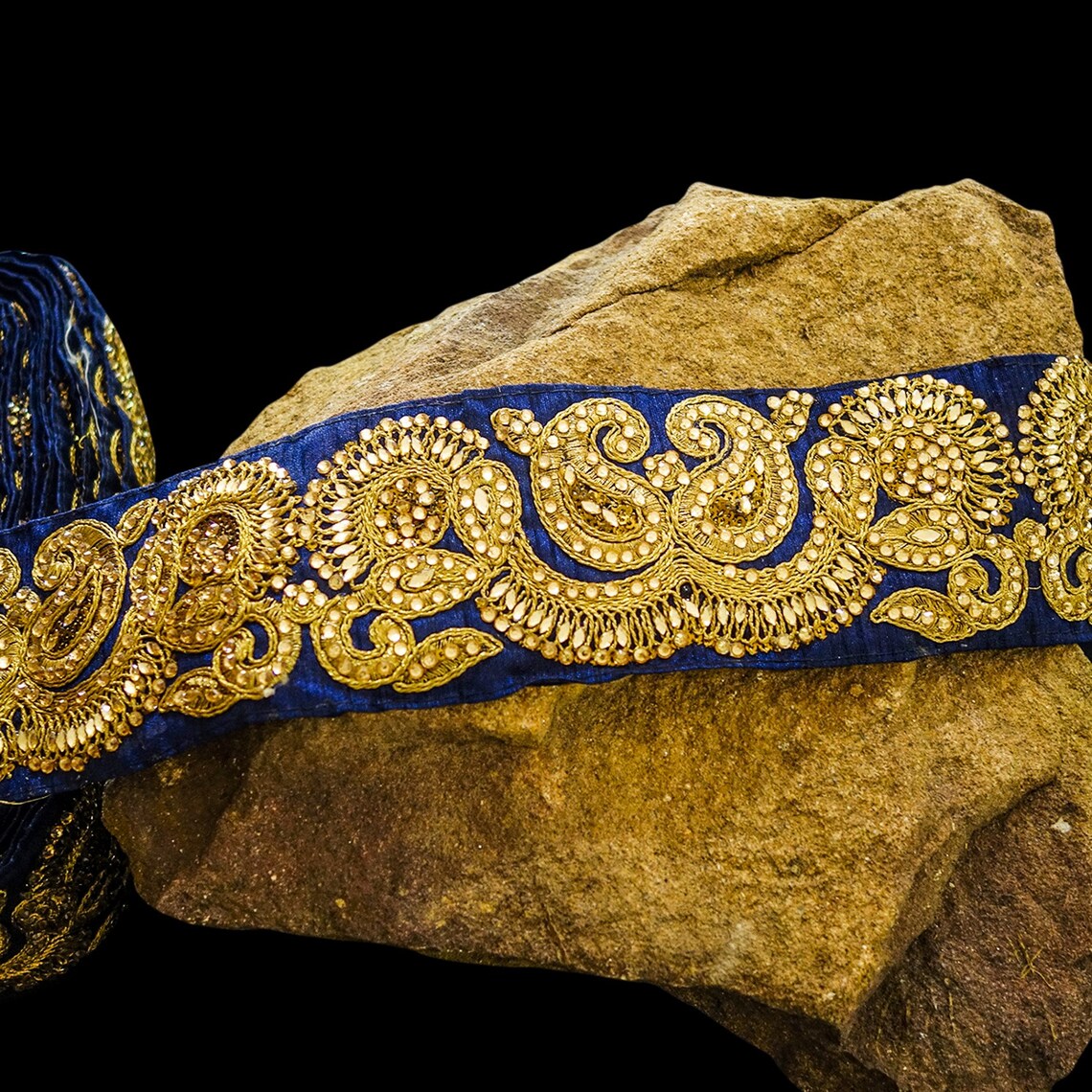 Embroidered Navy Blue Raw Silk Trim With Golden Sequins & - Etsy Australia