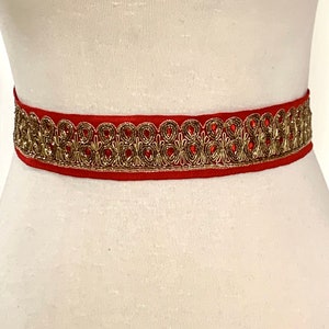 Red N Gold Silk Trim, Red Hand Embroidered Trim, Gold Zardosi Thread ...