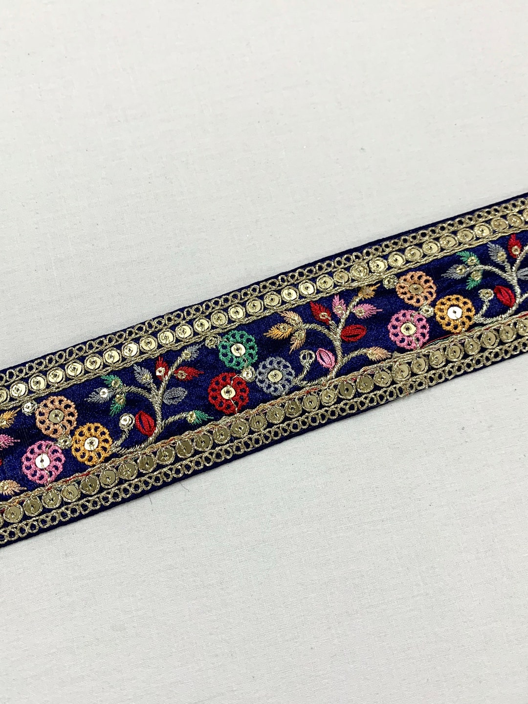 Navy Blue Embroidered Trim, Multicolour Trim, Evening Wear Trim, Border ...