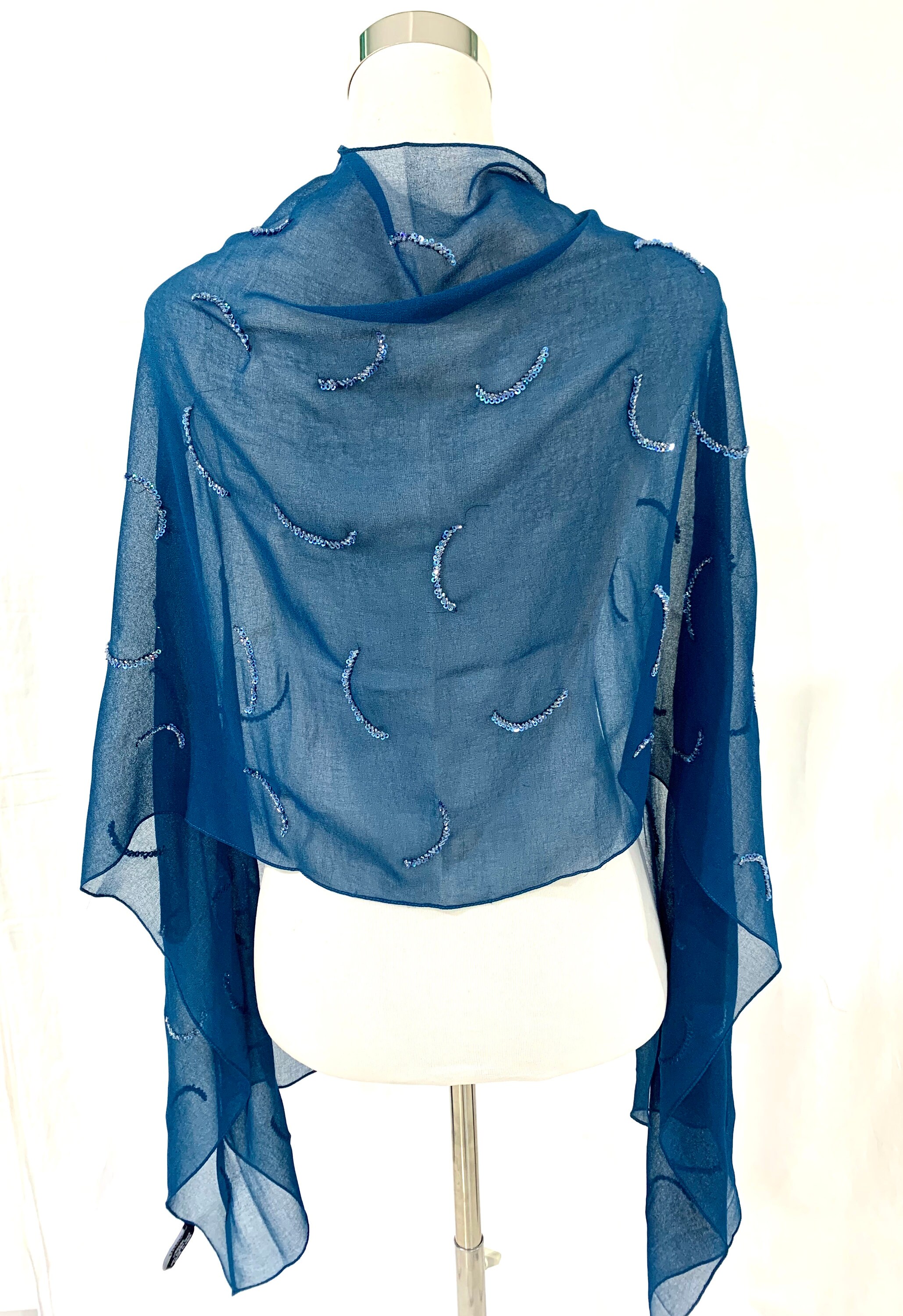 Teal Blue Georgette Shawl, Hand Embroidered Teal Blue Shawl, Hijab ...