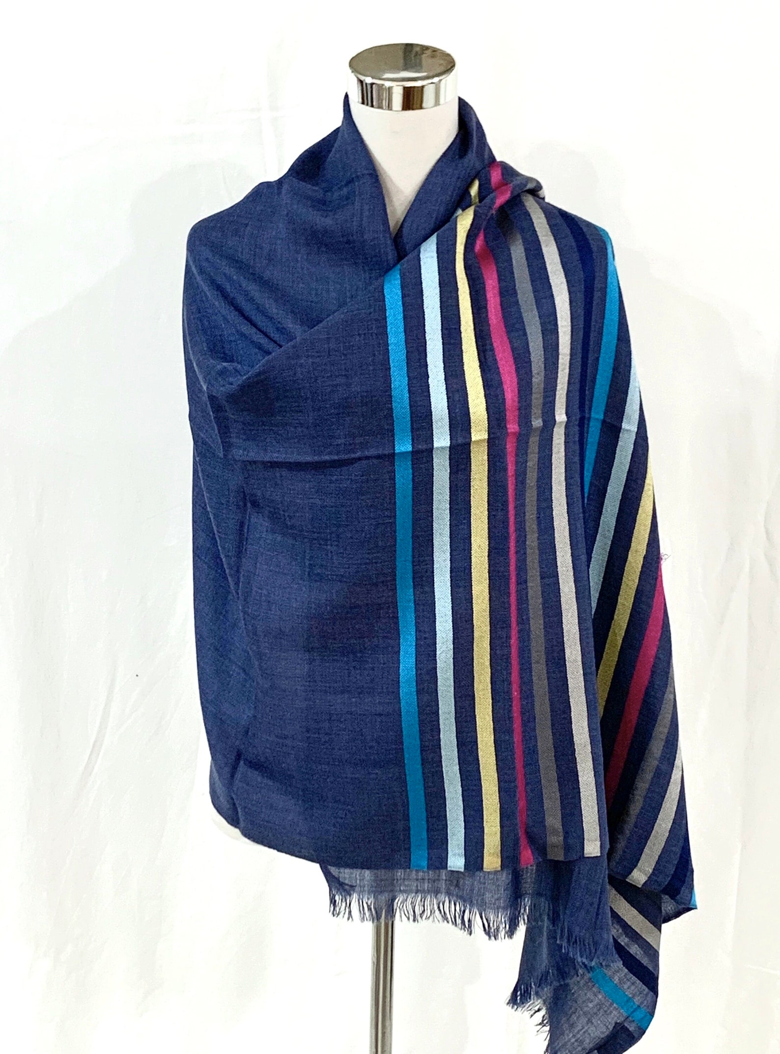 Wide Unisex Blue Shawl, Silk Wool Feel Good Stripped Shawl, Winter N ...