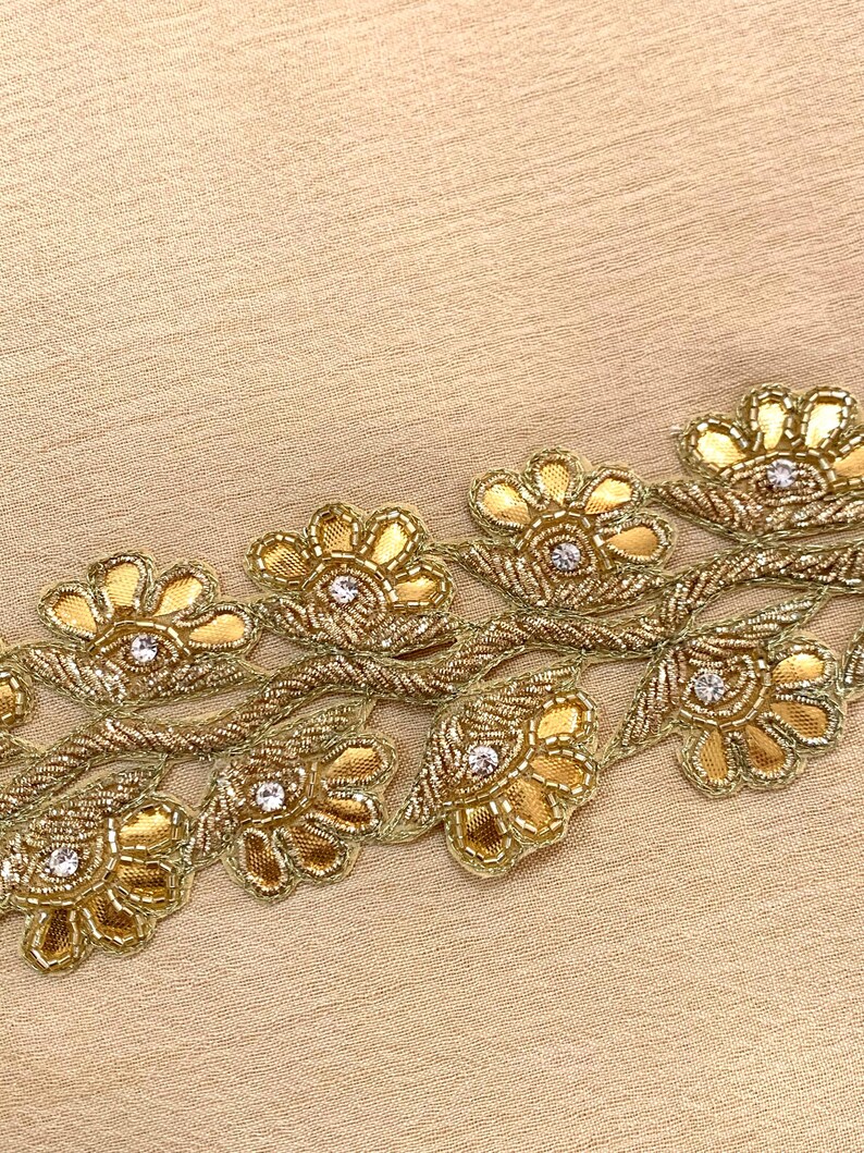 Gold Hand Embroidered Cotton Base Trim, Zardosi Thread Floral Cut Work ...