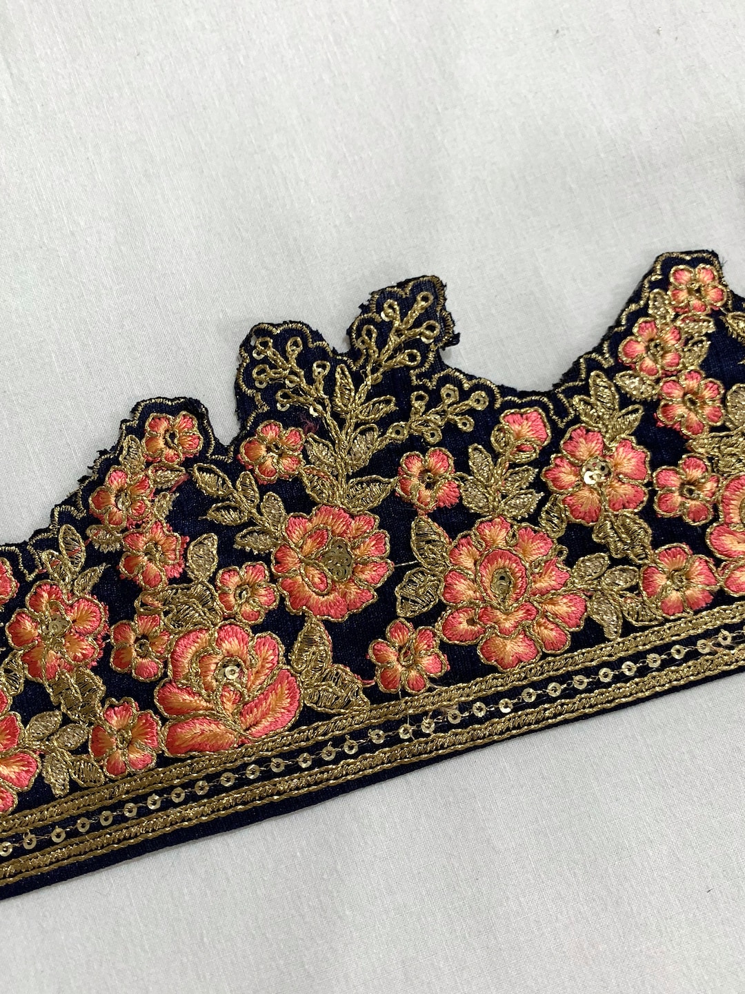 Broad Navy Blue Trim - Floral Trim - Golden Metallic Thread Trim ...