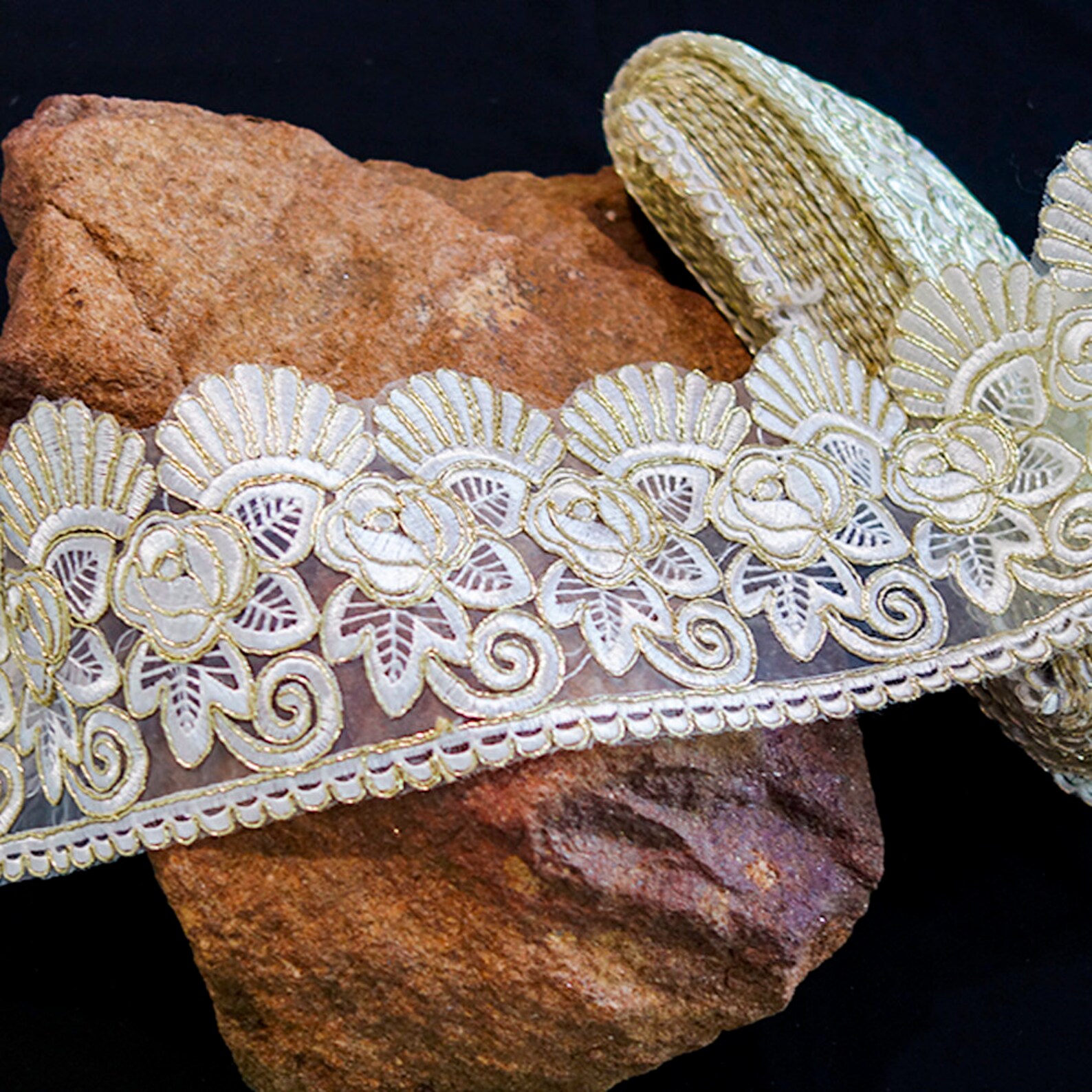 Cream N Gold Trim, Silk Embroidered Trim, Fine Golden Cord Trim, Sheer ...