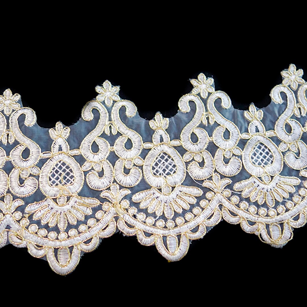 White Sheer Cut Work Trim With Cream and Gold Embroidery - Etsy Australia